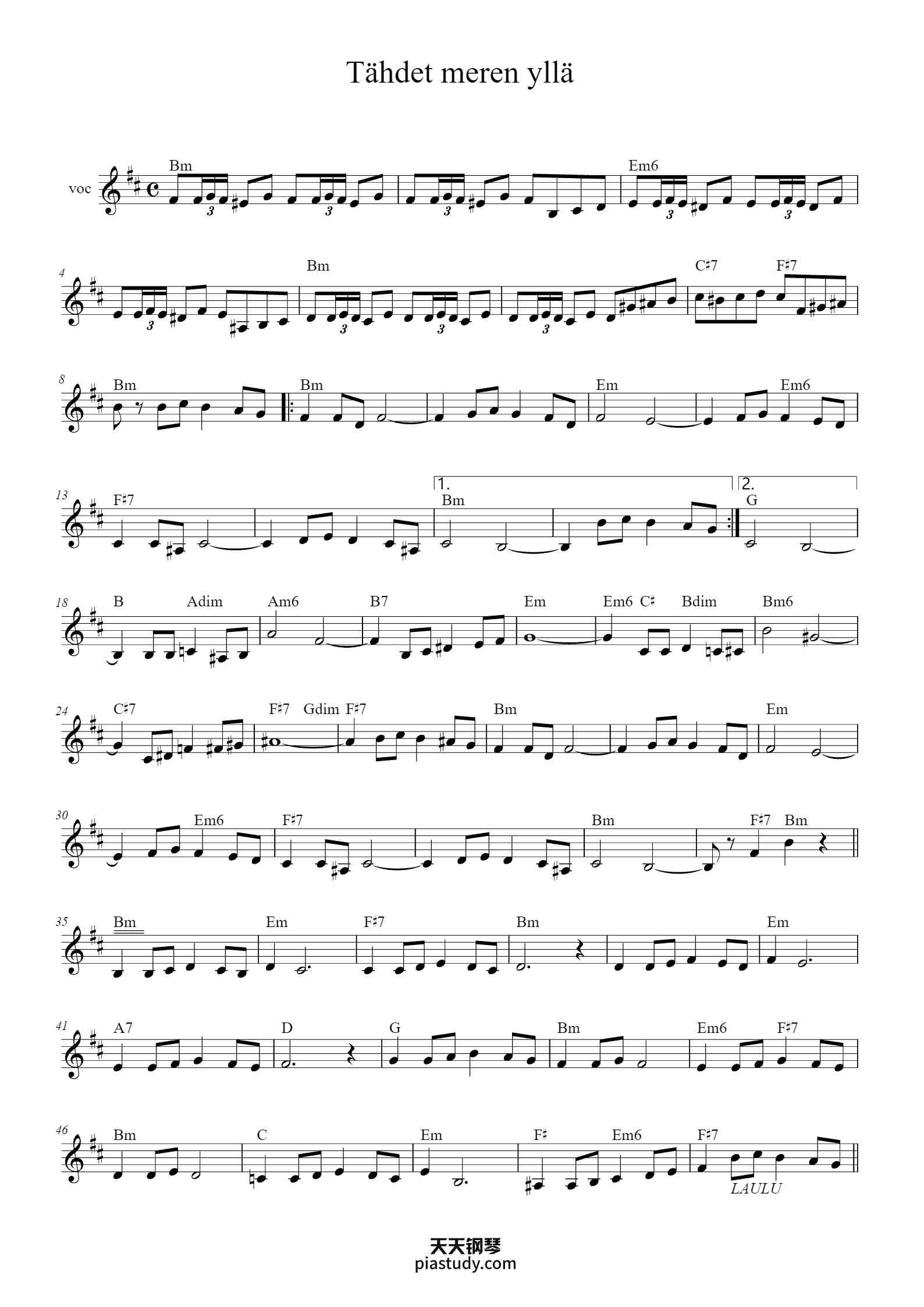 'Tähdet meren yllä' - Piano Sheet Music By säv. Unto Mononen sov. Pekka ...