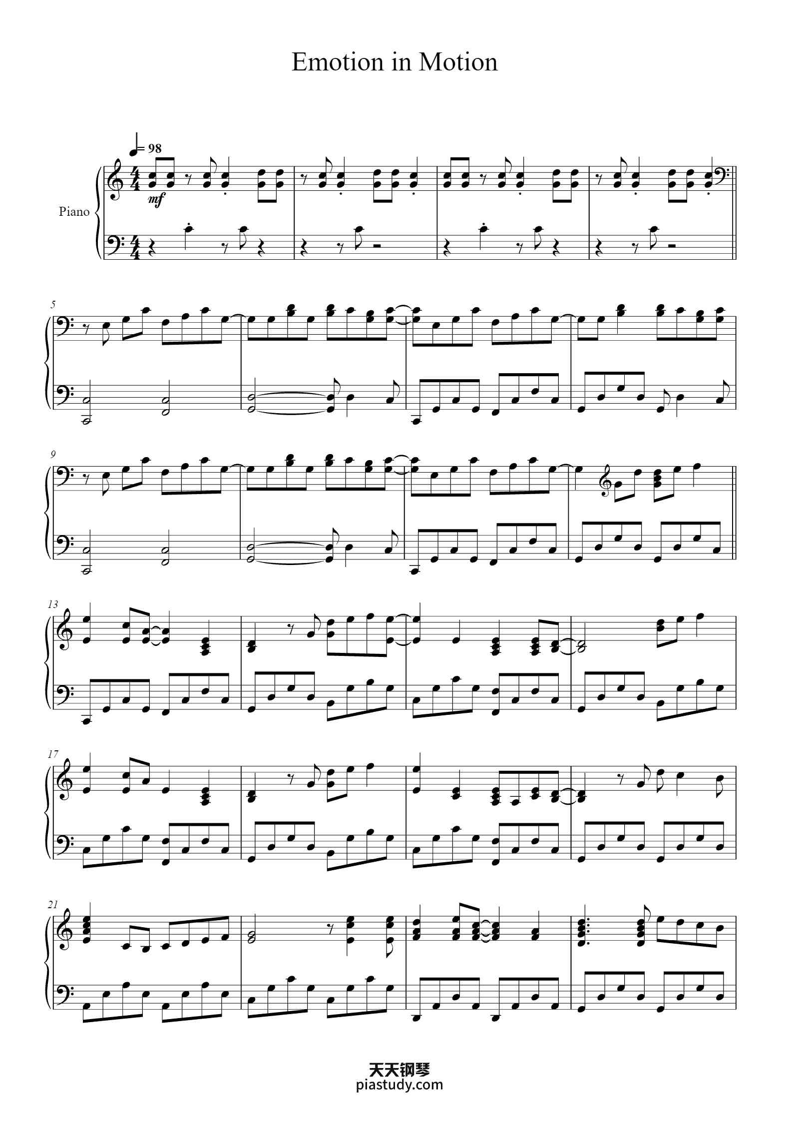 Emotion in Motion钢琴谱 - Ric Ocasek - free piano sheet music - PiaNoproblem