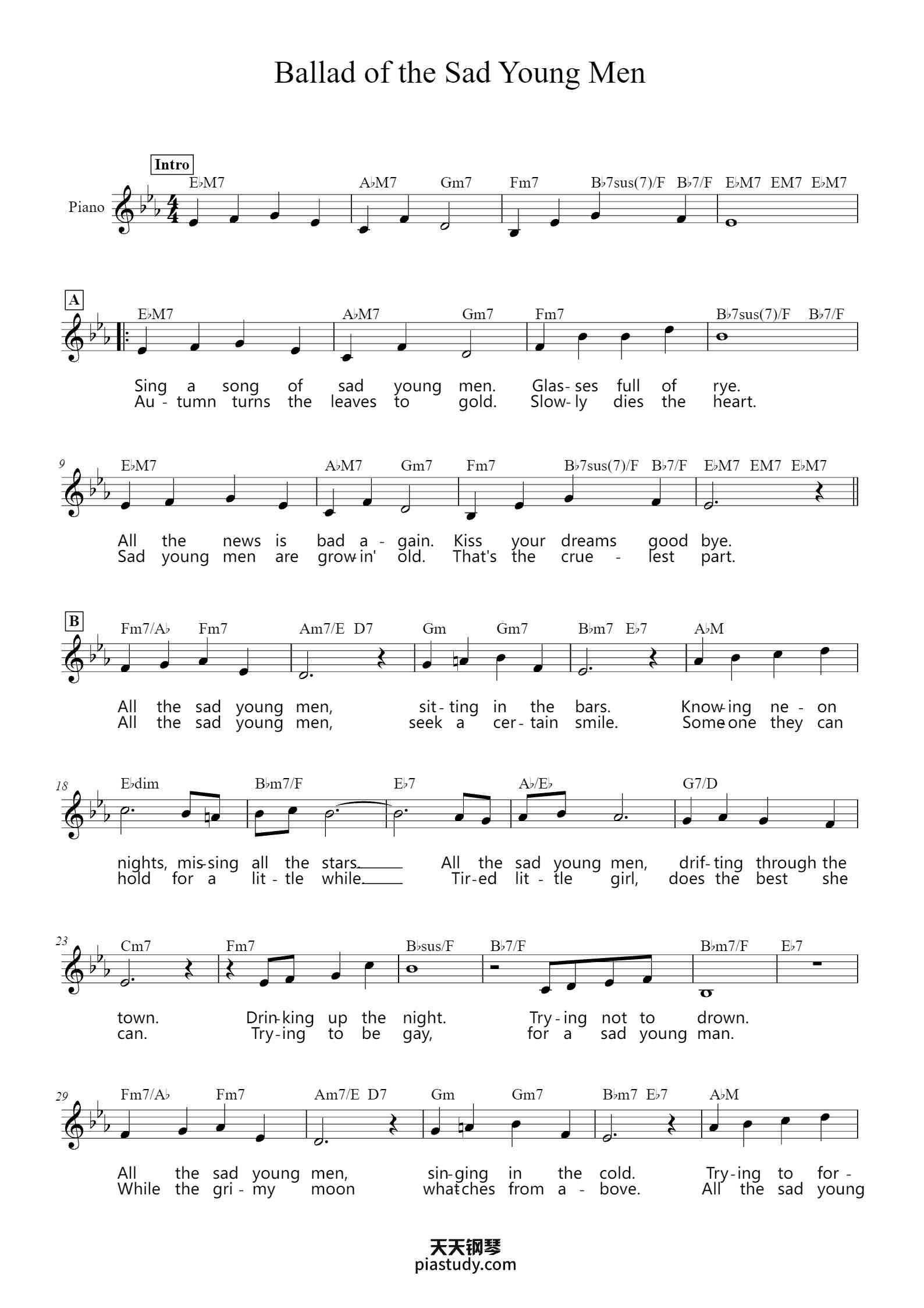 'Ballad of the Sad Young Men' - Piano Sheet Music By M+L: Frances ...