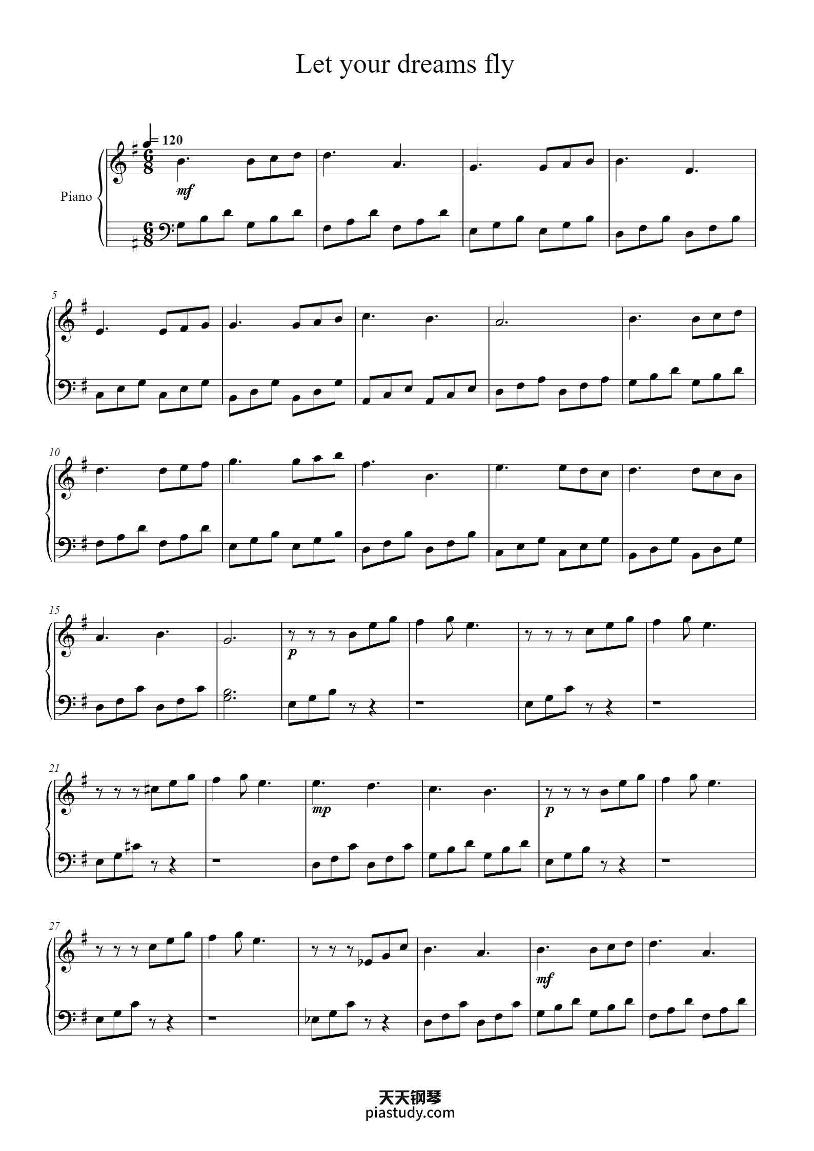 'Let your dreams fly' - Beginner Piano Sheet Music by 奥莎娜·卢特 | TOPiano