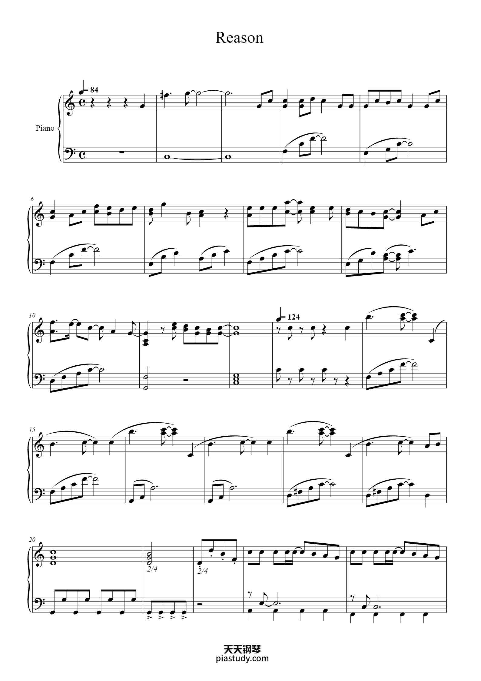 Reason钢琴谱 - Springbill Jana - free piano sheet music - PiaNoproblem