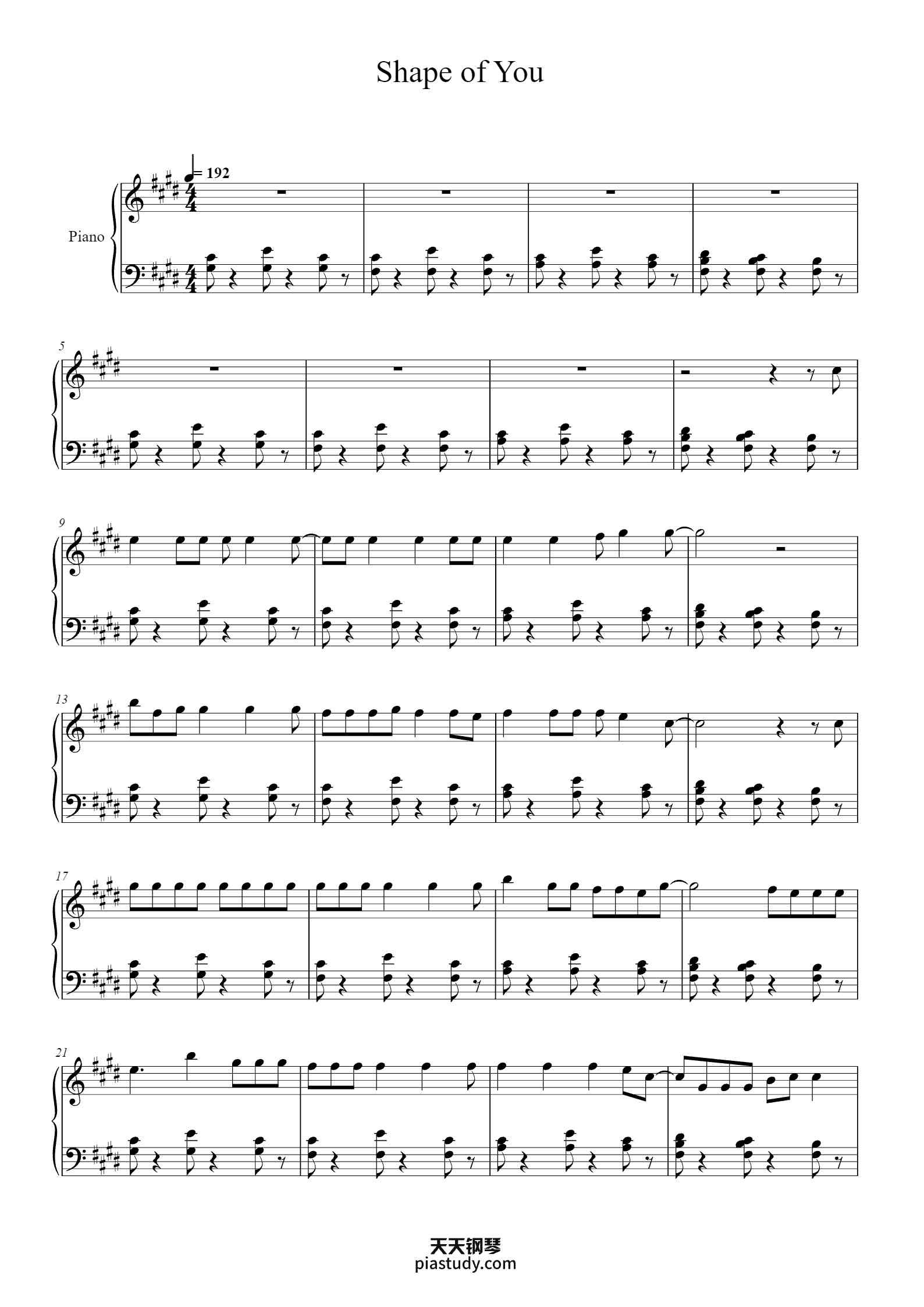 'Shape of You' - Piano Sheet Music By Ed Sheeran | TOPiano