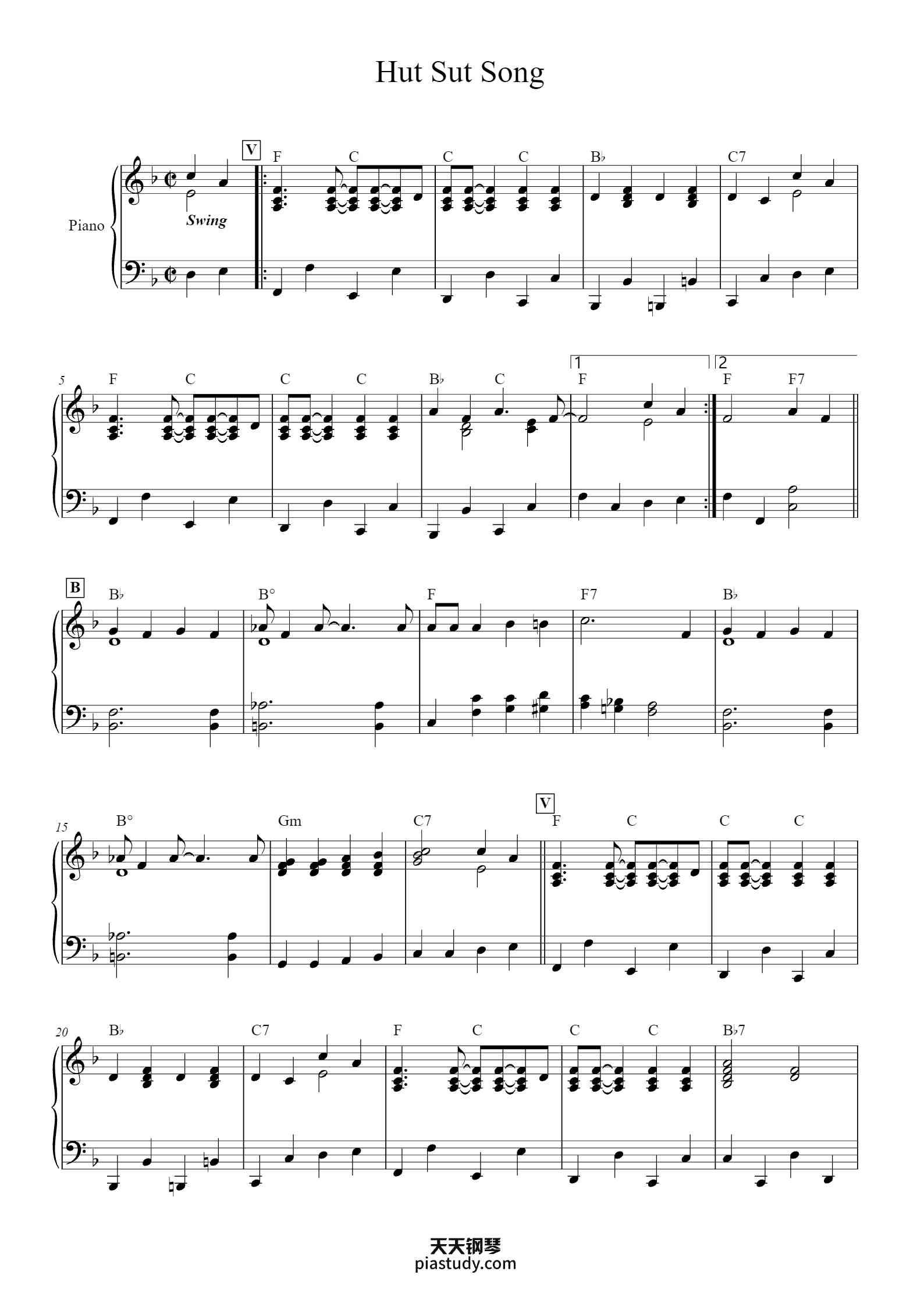 Hut Sut Song钢琴谱 - - free piano sheet music - PiaNoproblem