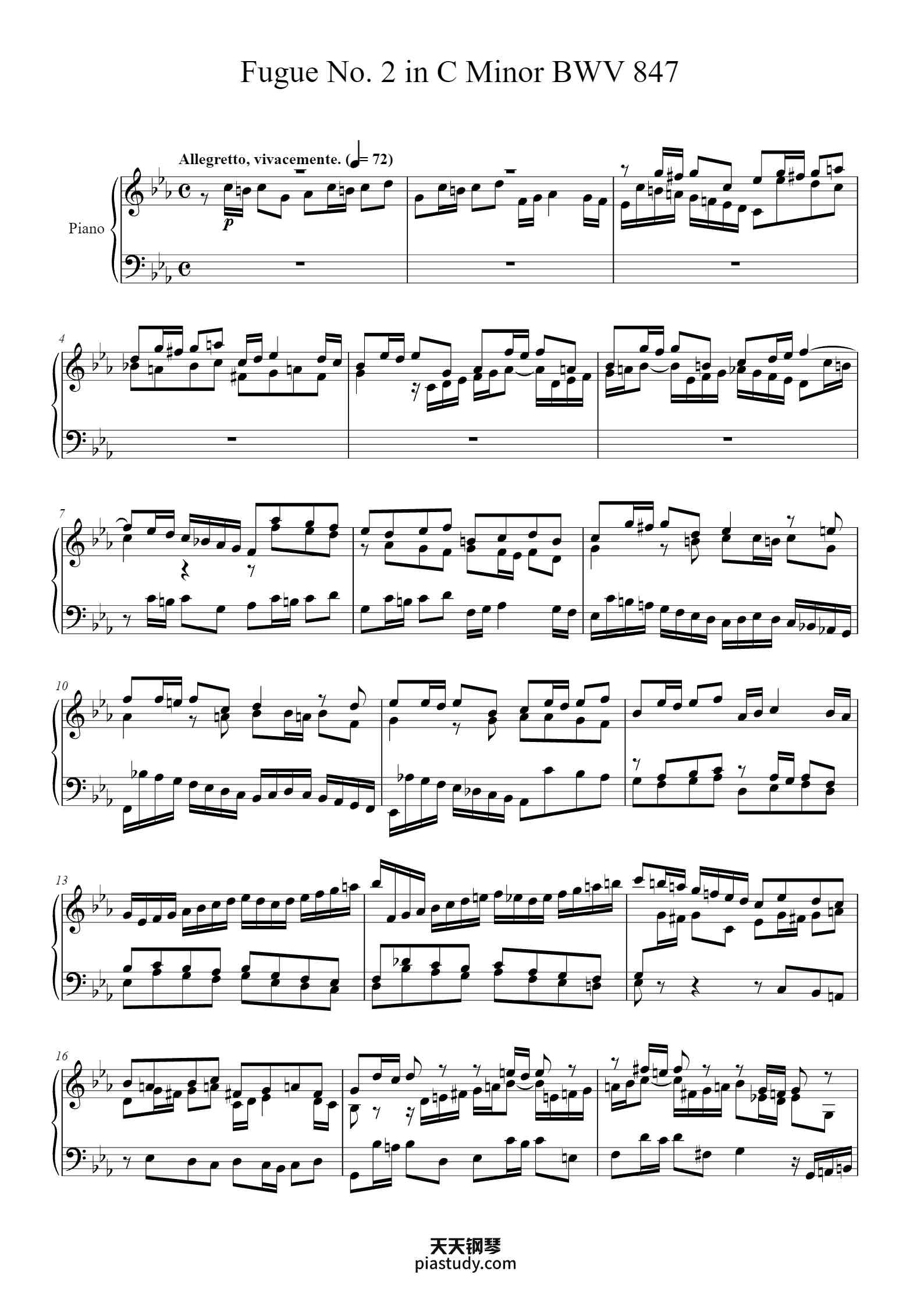 'Fugue No. 2 in C Minor, BWV 847' - Beginner Piano Sheet Music by ...