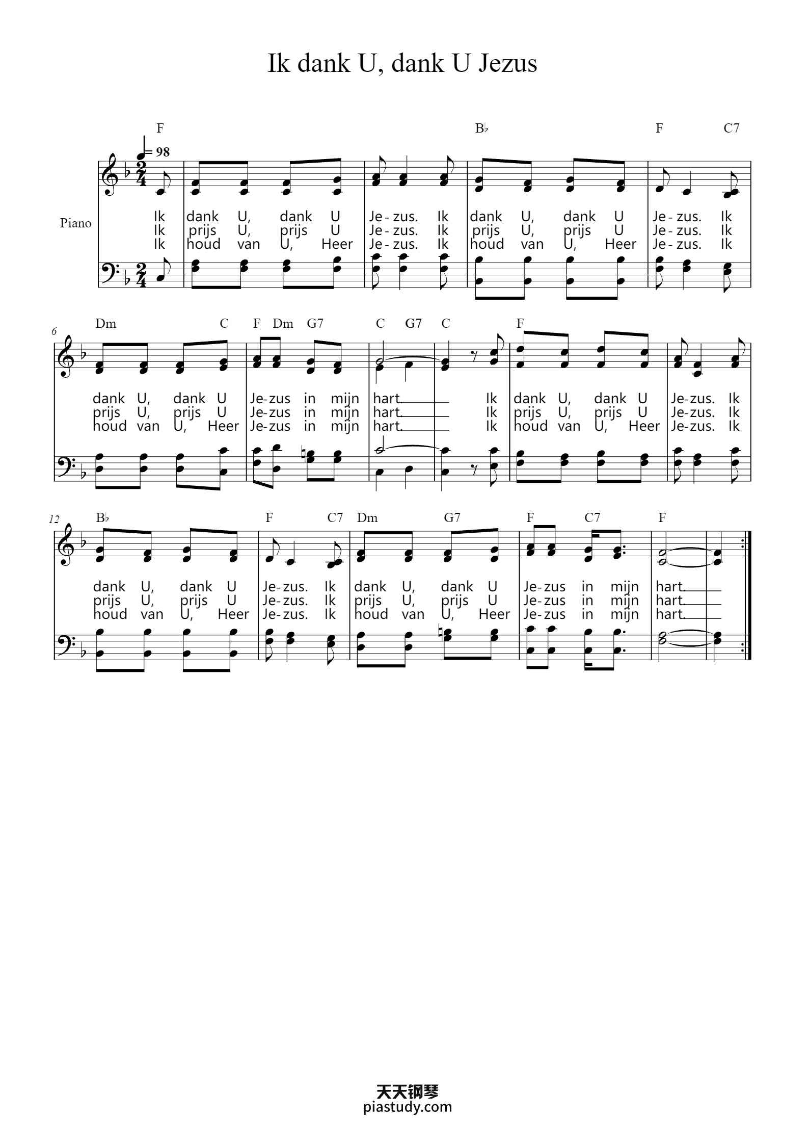 Ik dank U, dank U Jezus钢琴谱 - - free piano sheet music - PiaNoproblem