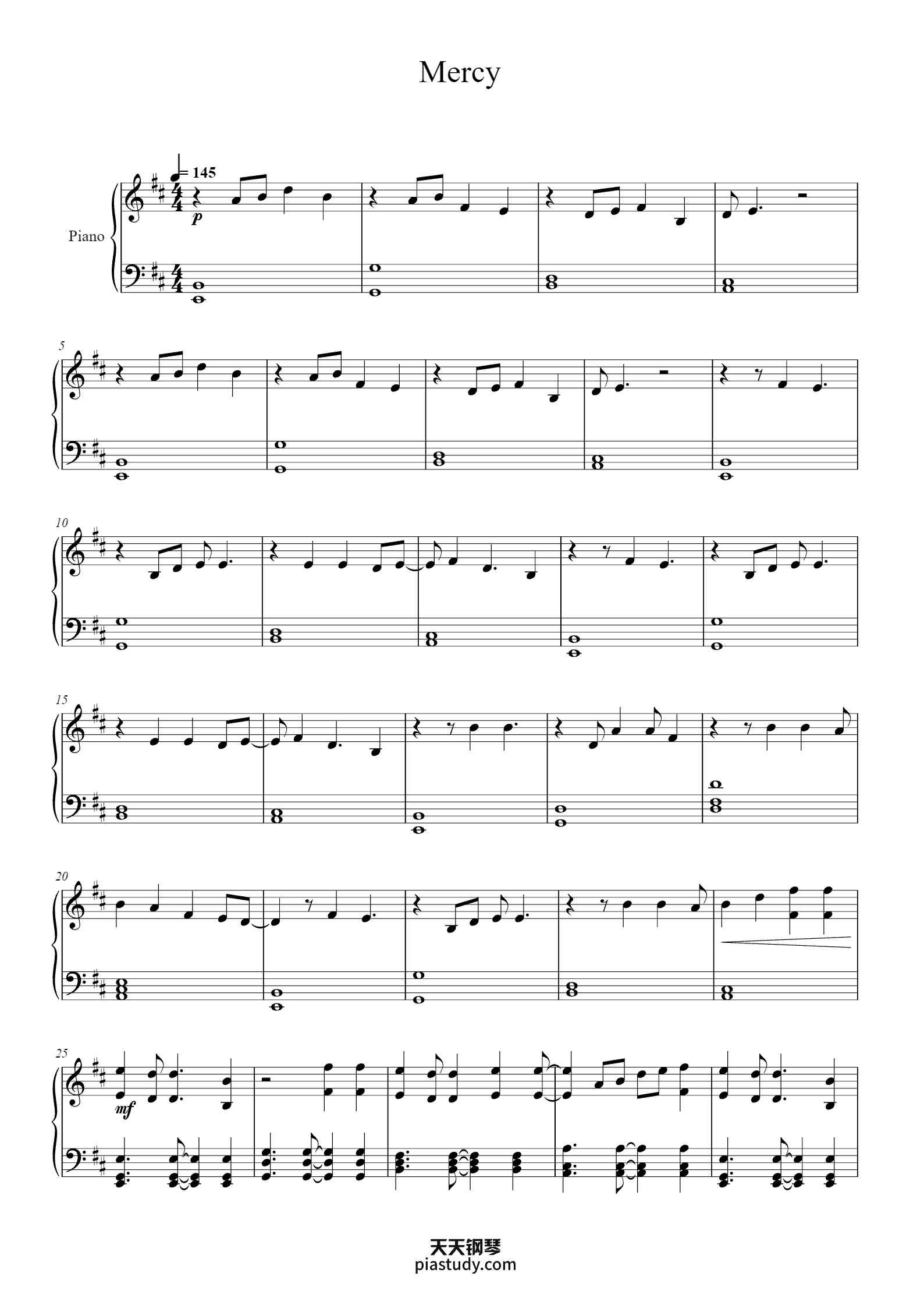 'Mercy' - Piano Sheet Music By Shawn Mendes | TOPiano