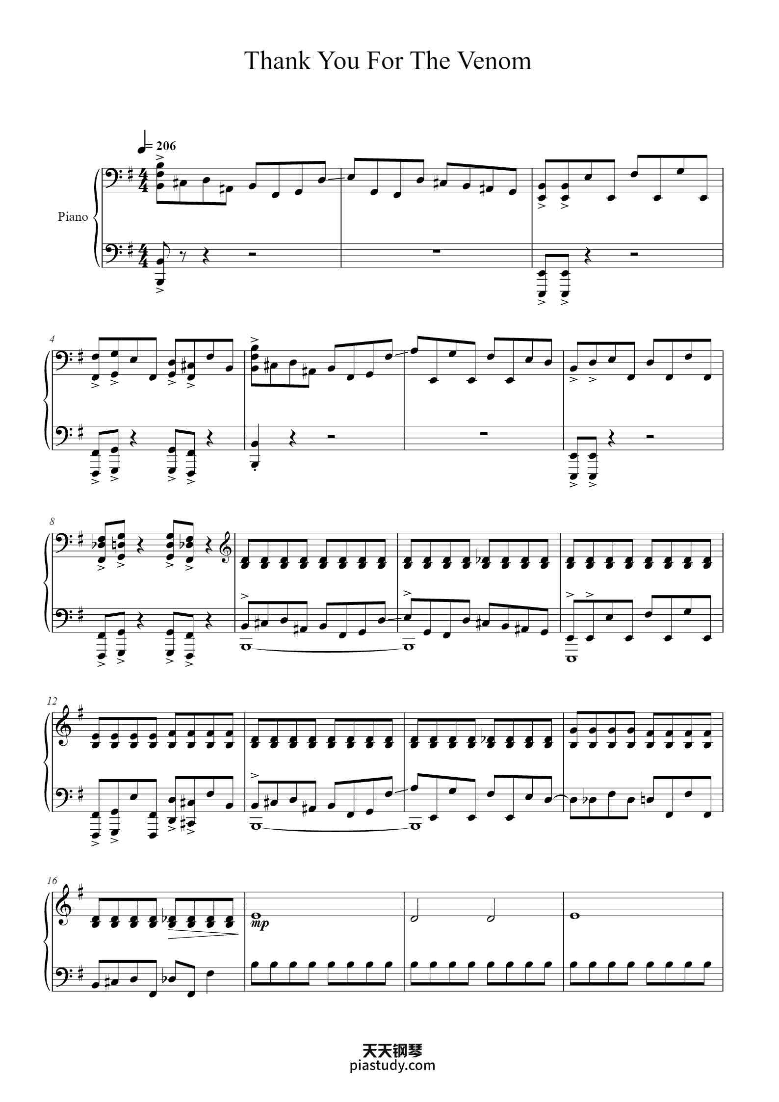 'Thank You For The Venom' - Piano Sheet Music By My Chemical Romance ...
