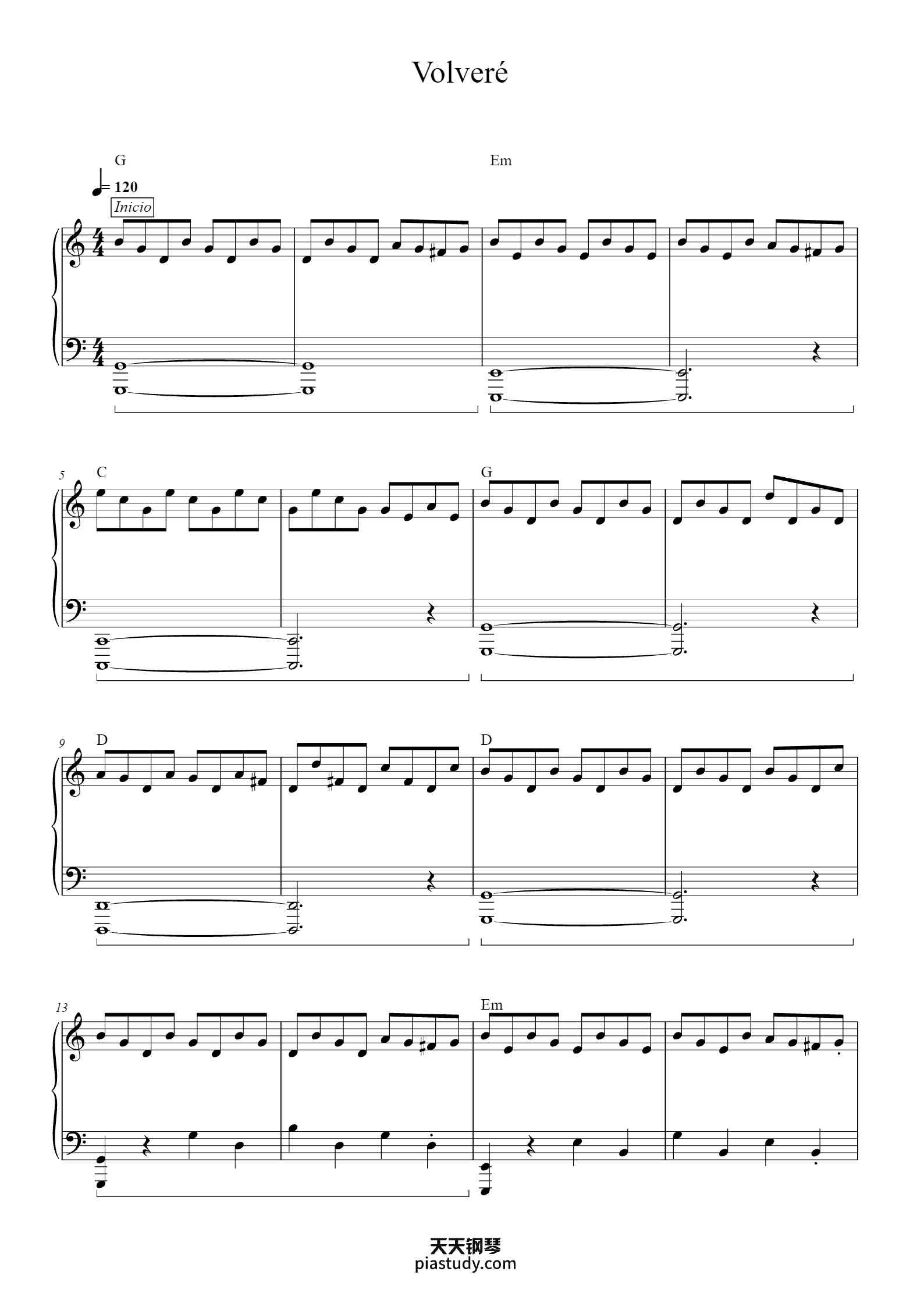 'Volveré' - Piano Sheet Music By Intérprete: Diego Verdaguer PianOnline ...