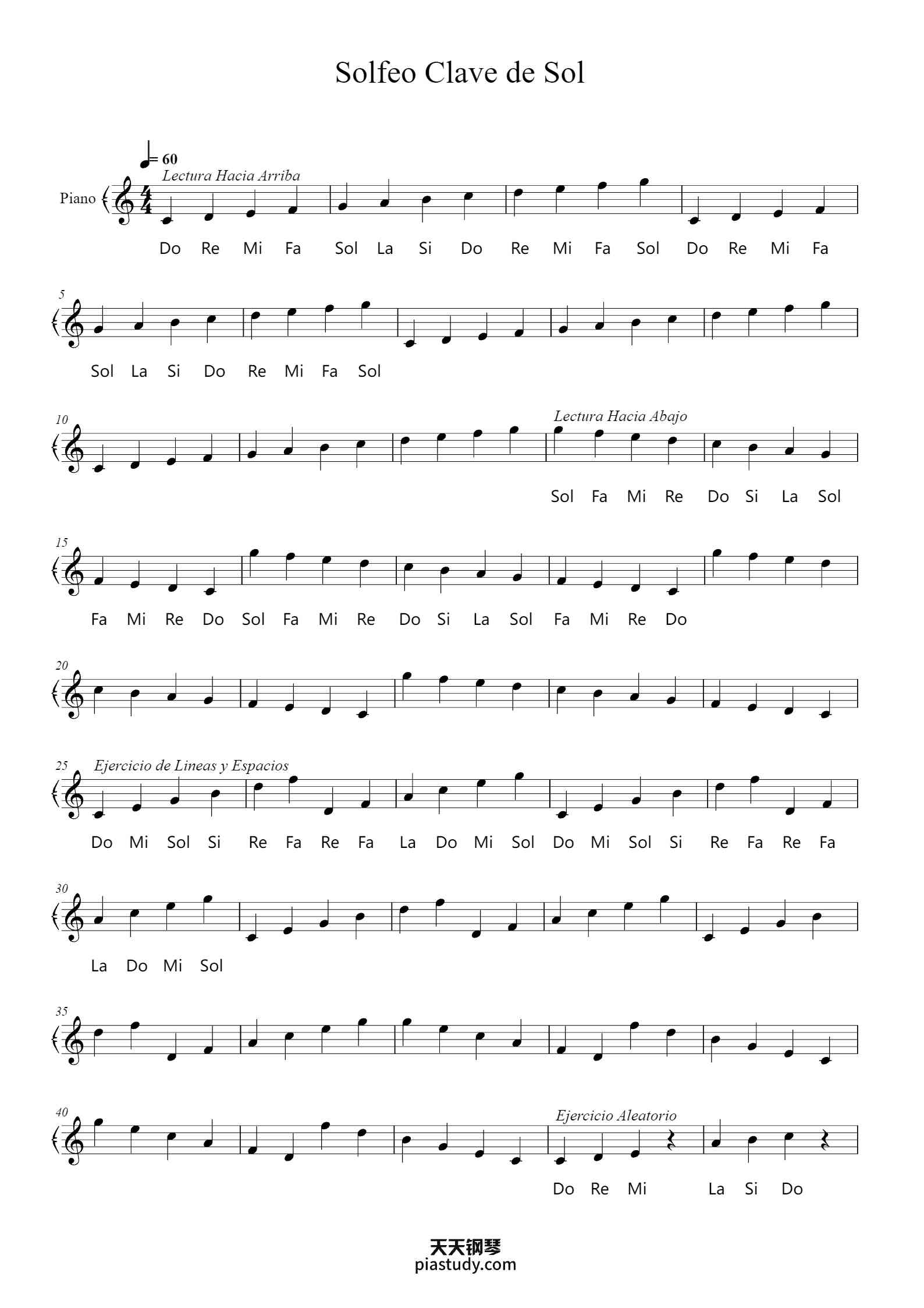 'Solfeo Clave de Sol' - Beginner Piano Sheet Music by unknown | TOPiano