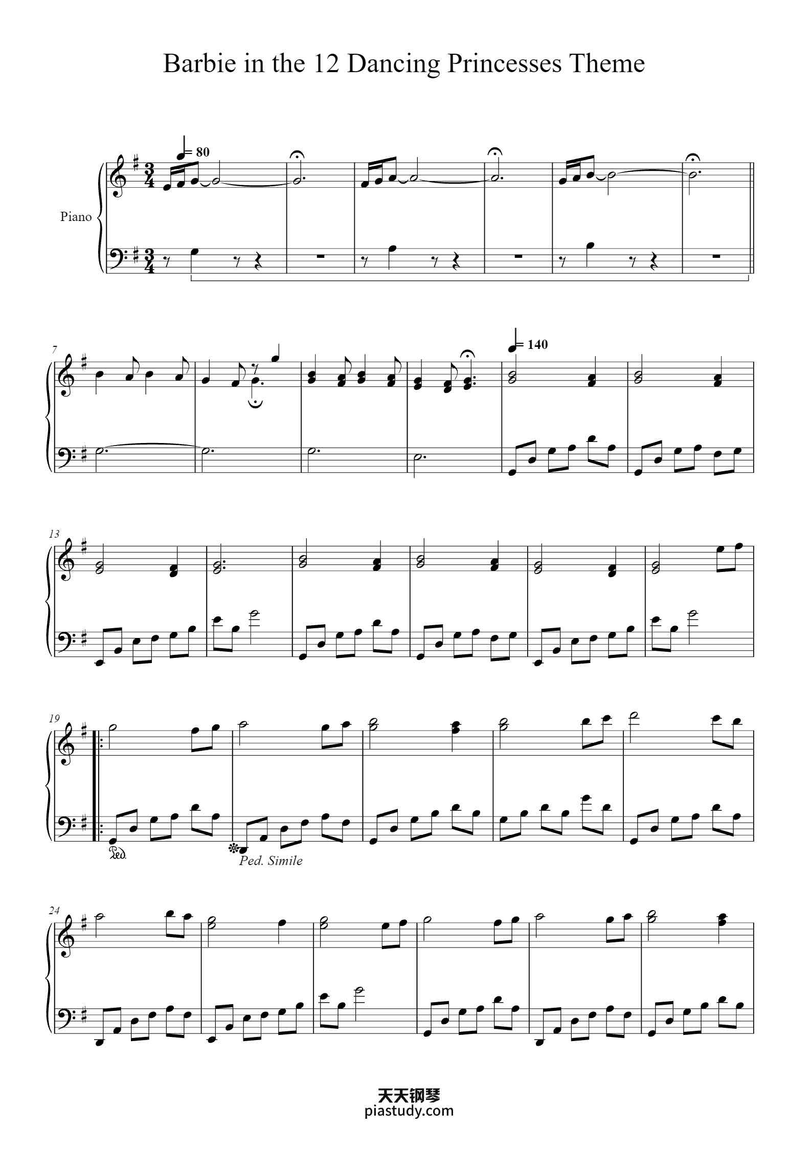 'Barbie in the 12 Dancing Princesses Theme' - Piano Sheet Music By ...