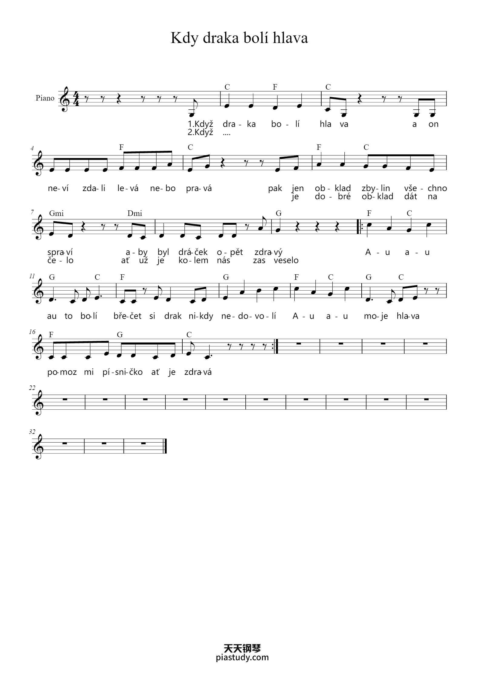'Kdy draka bolí hlava' - Piano Sheet Music By Composer | TOPiano