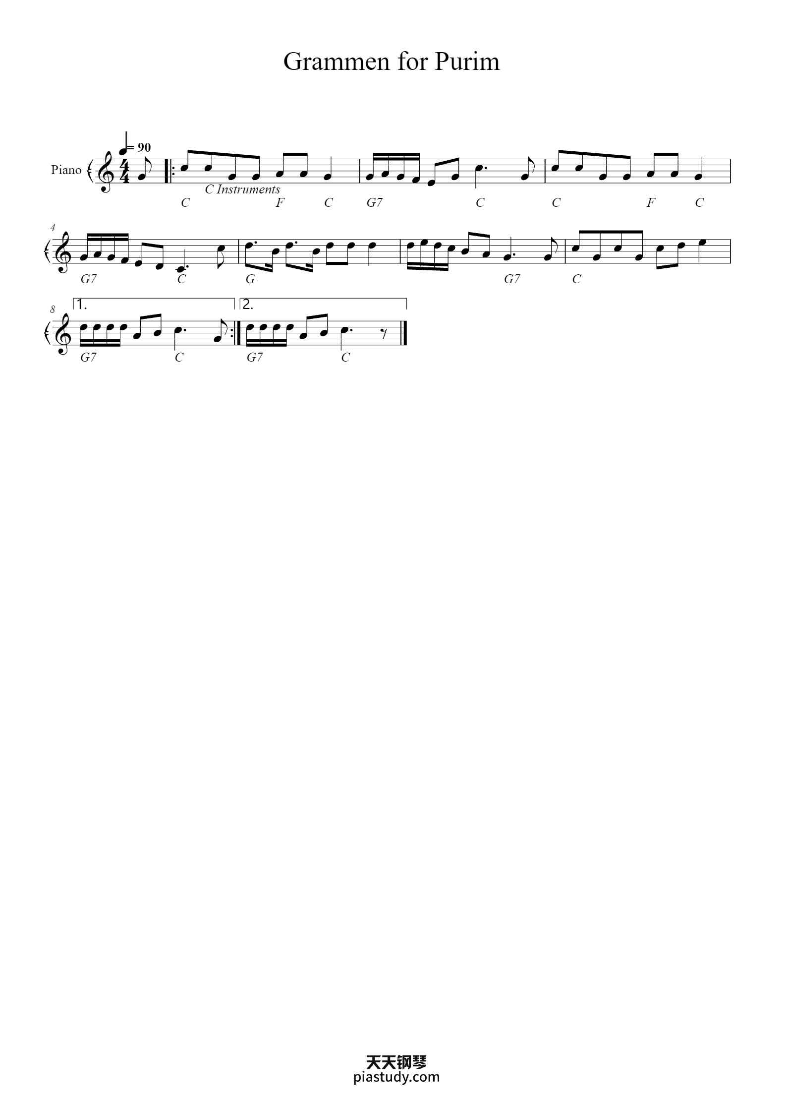 'Grammen for Purim' - Piano Sheet Music By Trans. K. Pinkus | TOPiano