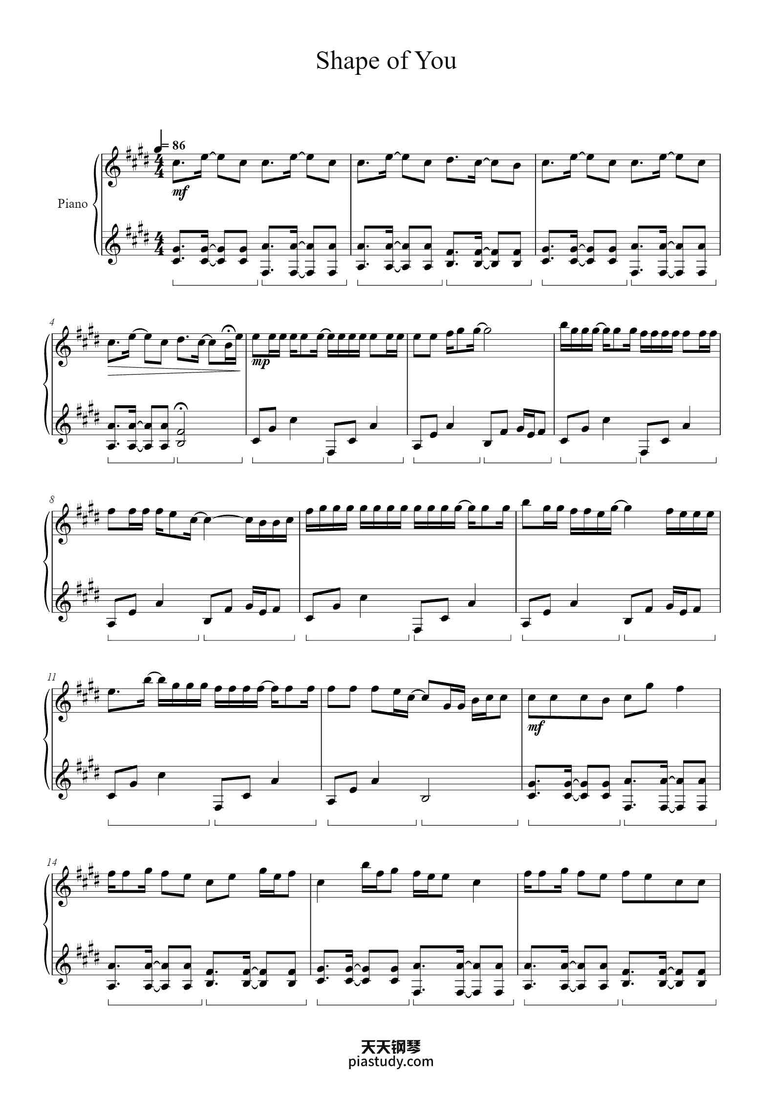 Shape of You钢琴谱 - Ed Sheeran - free piano sheet music - PiaNoproblem