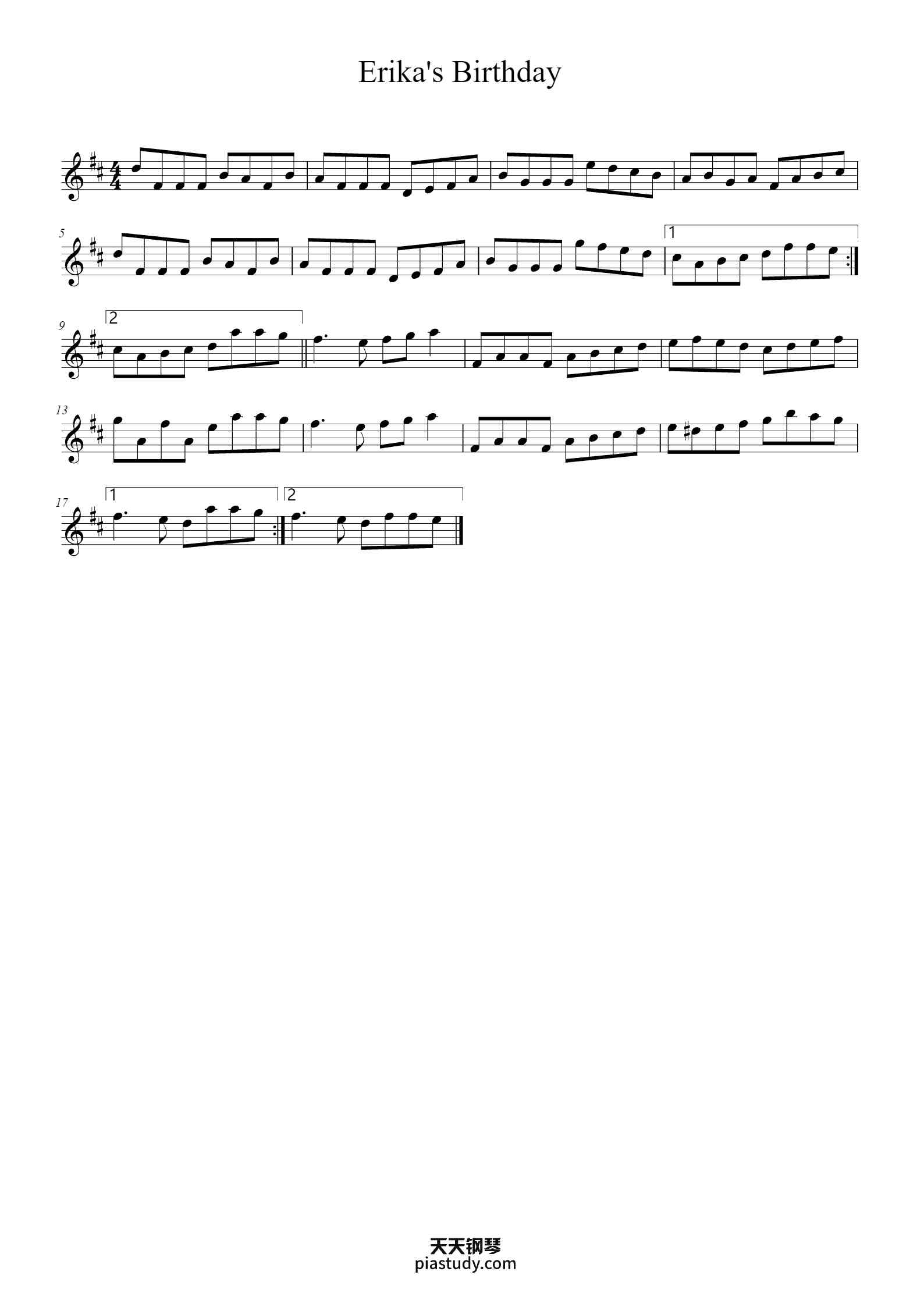 Erika's Birthday钢琴谱 - Peter_94 - free piano sheet music - PiaNoproblem