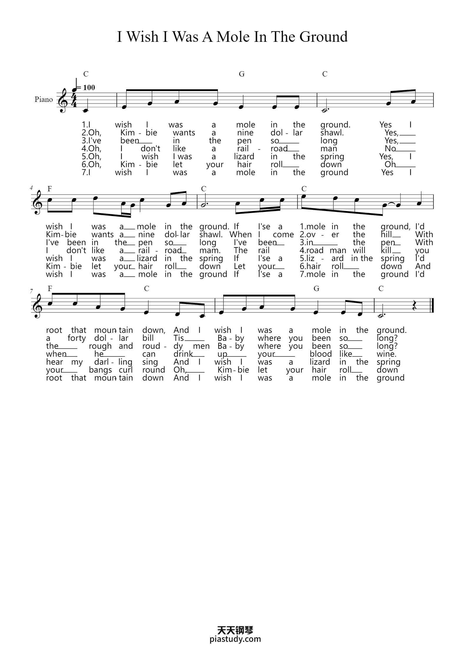 I Wish I Was A Mole In The Ground钢琴谱 - Traditional - free piano sheet ...