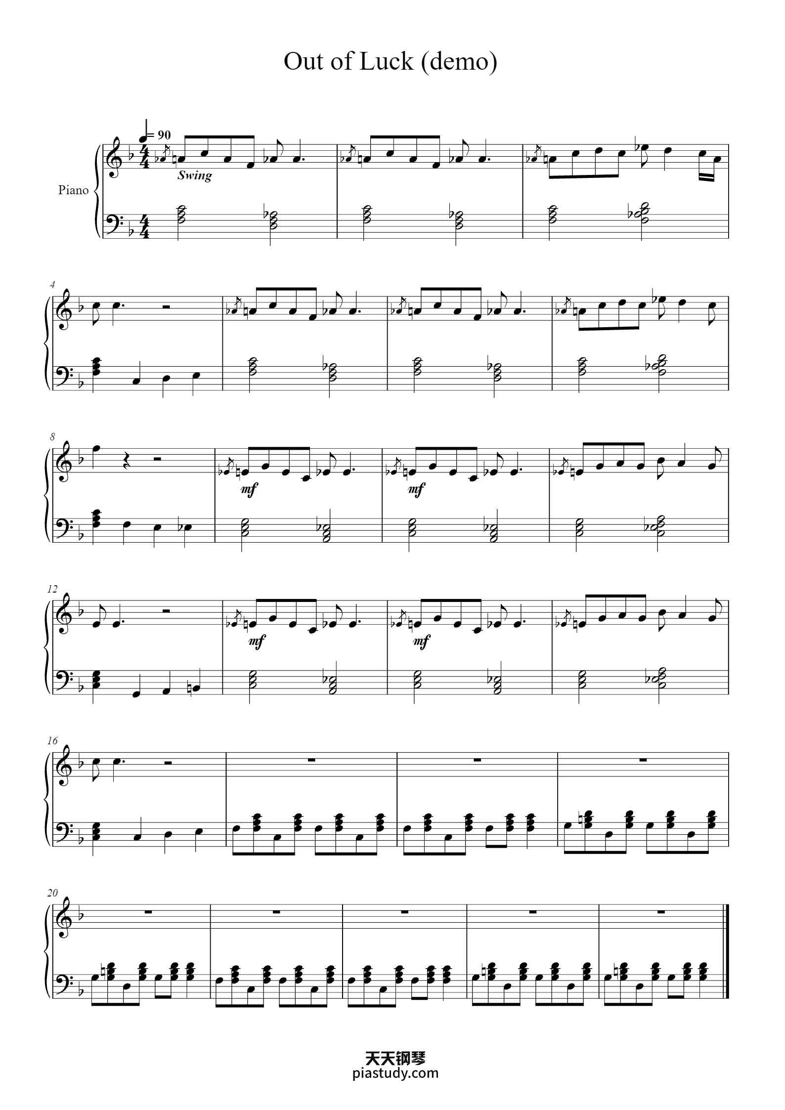 Out of Luck (demo)钢琴谱 - - free piano sheet music - PiaNoproblem