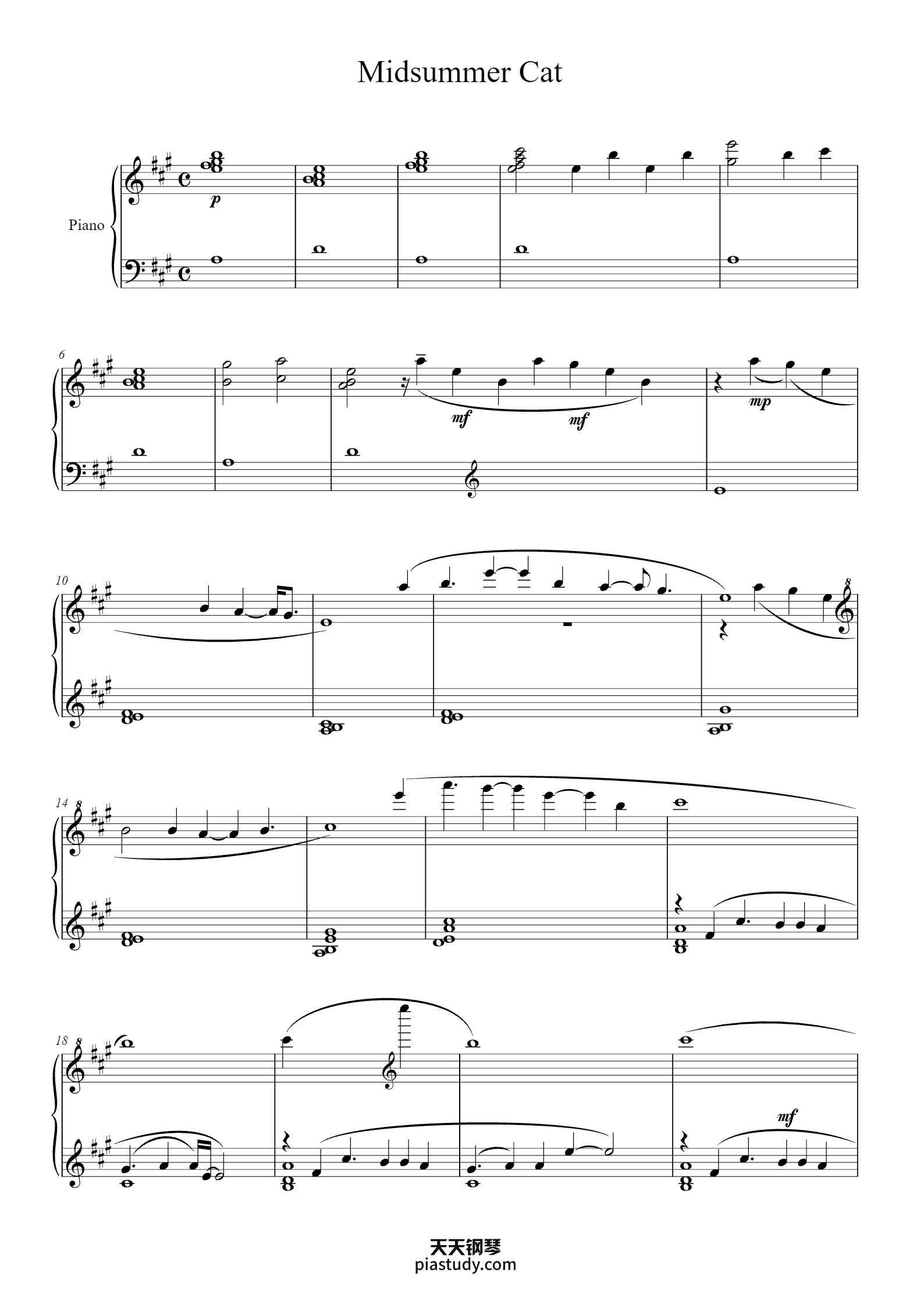 Midsummer Cat钢琴谱 - Mitsukiyo - free piano sheet music - PiaNoproblem