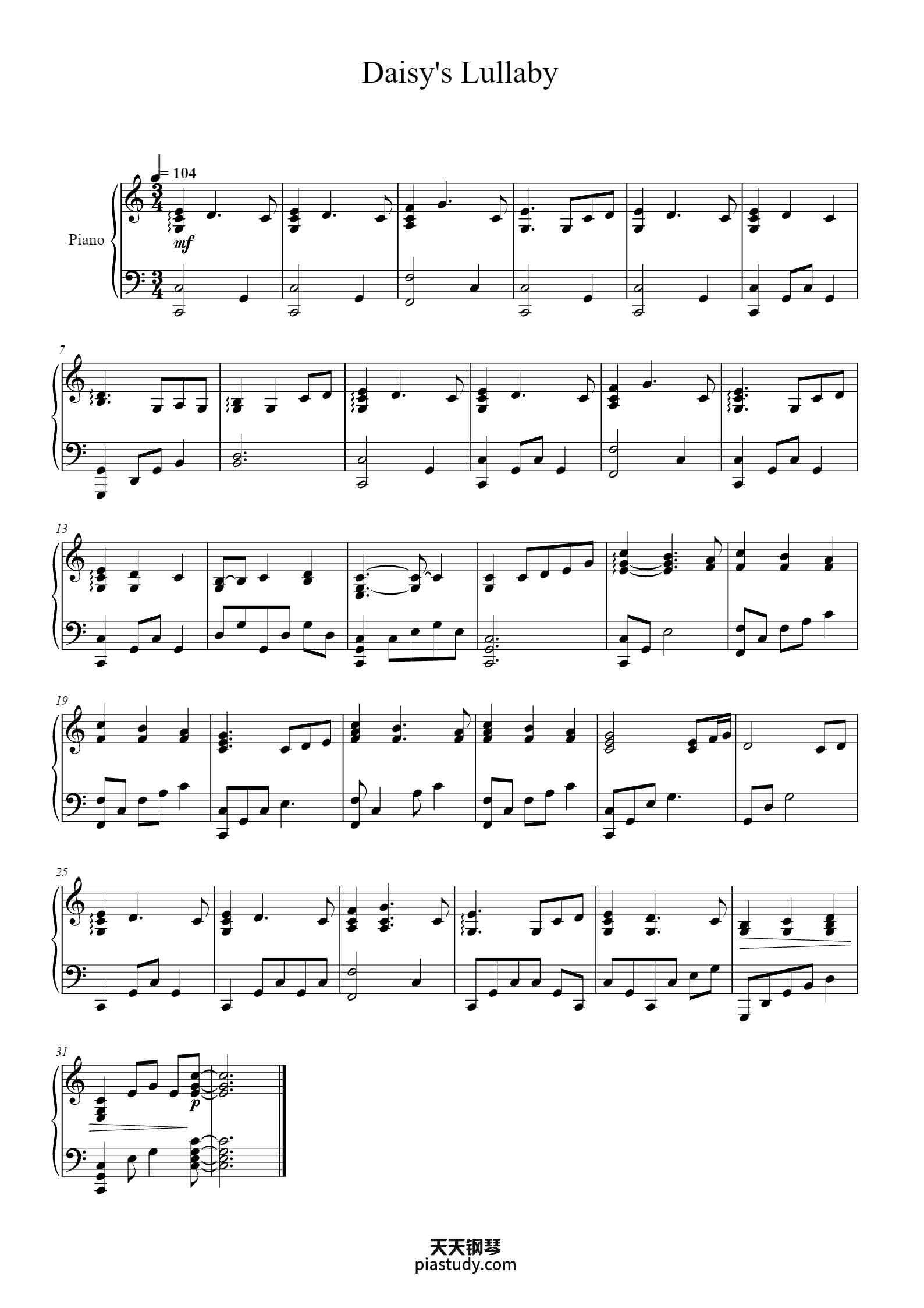 Daisy's Lullaby钢琴谱 - Emily Hinson - free piano sheet music - PiaNoproblem