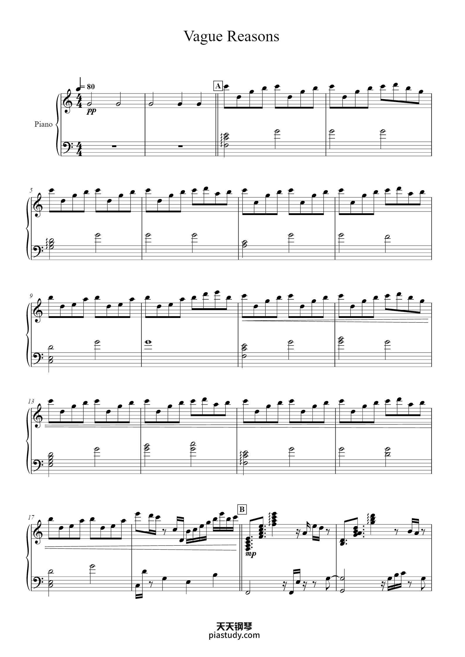 'Vague Reasons' - Piano Sheet Music By Composed by: Yoshimasa Terui ...