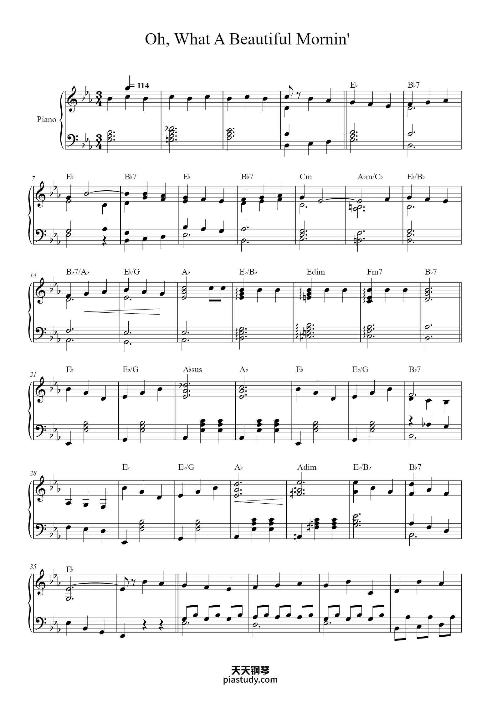 'Oh, What A Beautiful Mornin'' - Piano Sheet Music By Music By Rodgers ...
