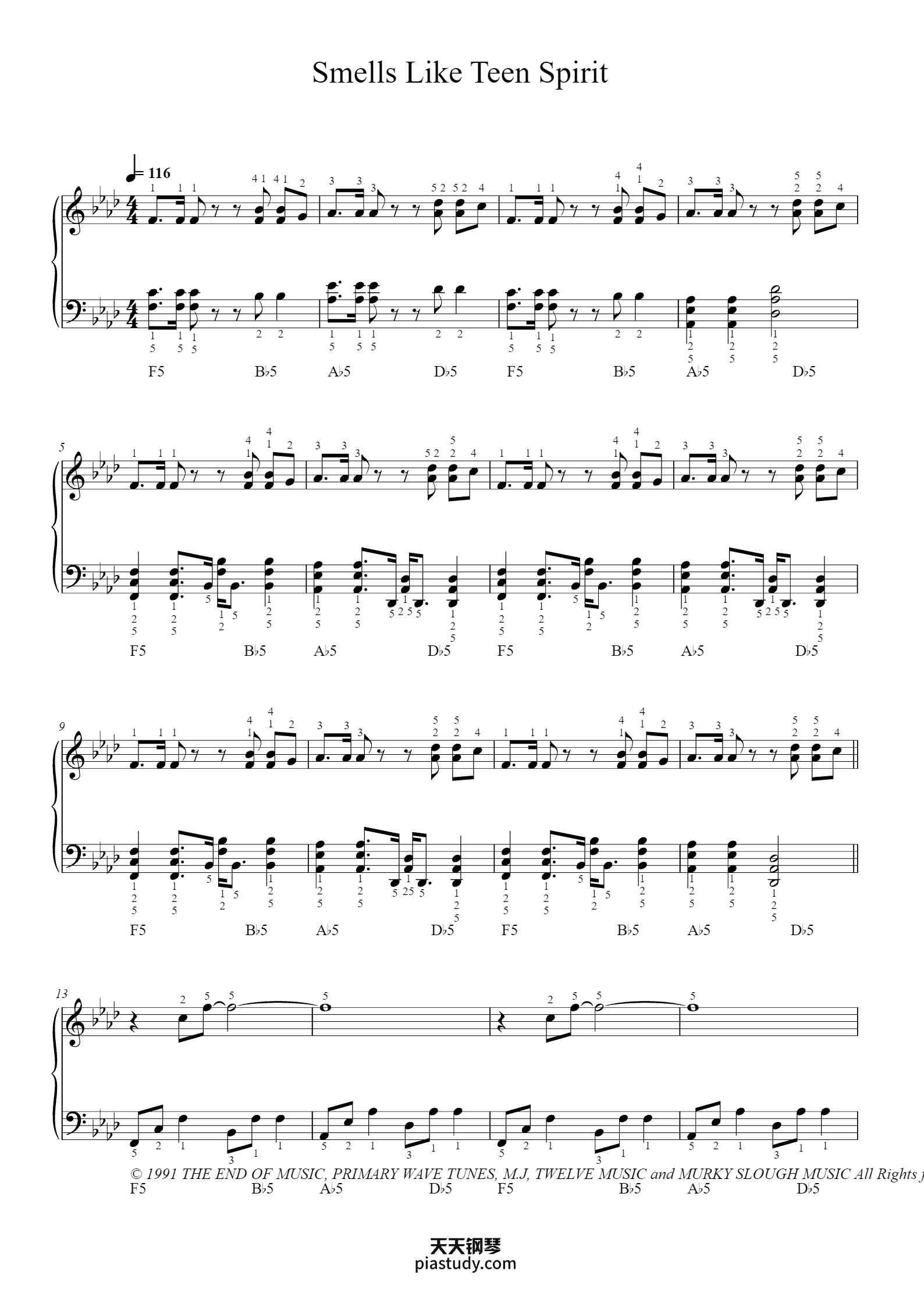'Smells Like Teen Spirit' - Piano Sheet Music By Words & Music by Kurt ...