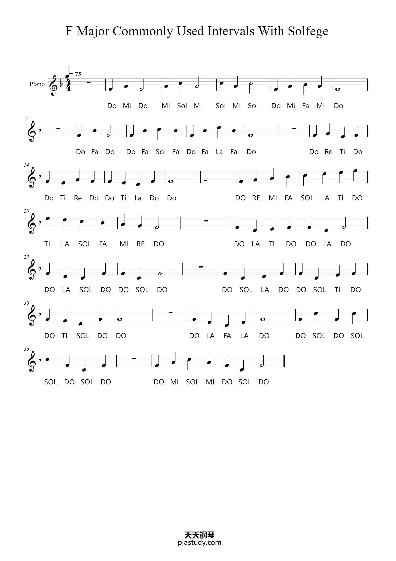 F Major Commonly Used Intervals With Solfege钢琴谱 - Daily Practice - free ...