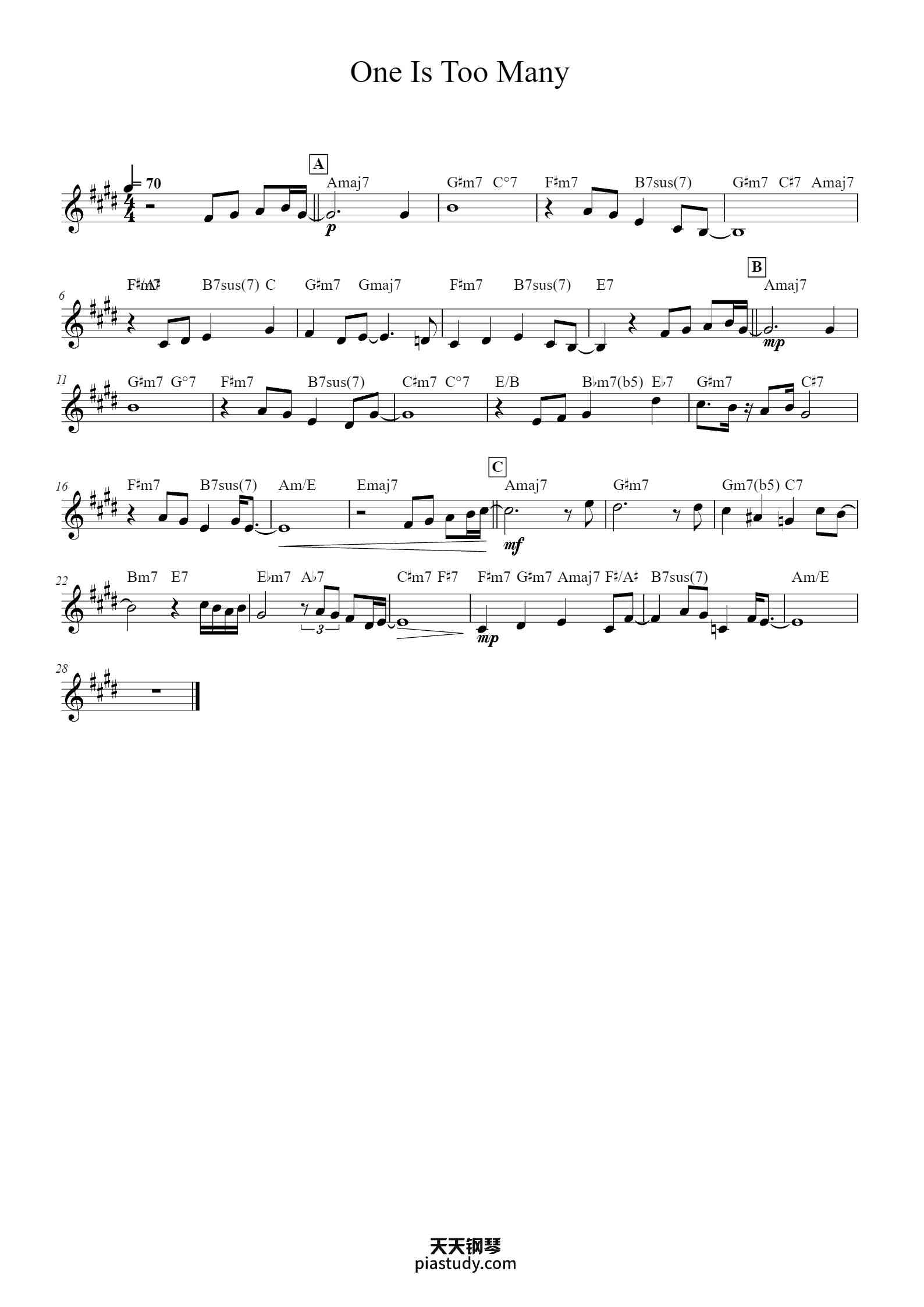 One Is Too Many钢琴谱 - Zhang Xiongguan - free piano sheet music ...
