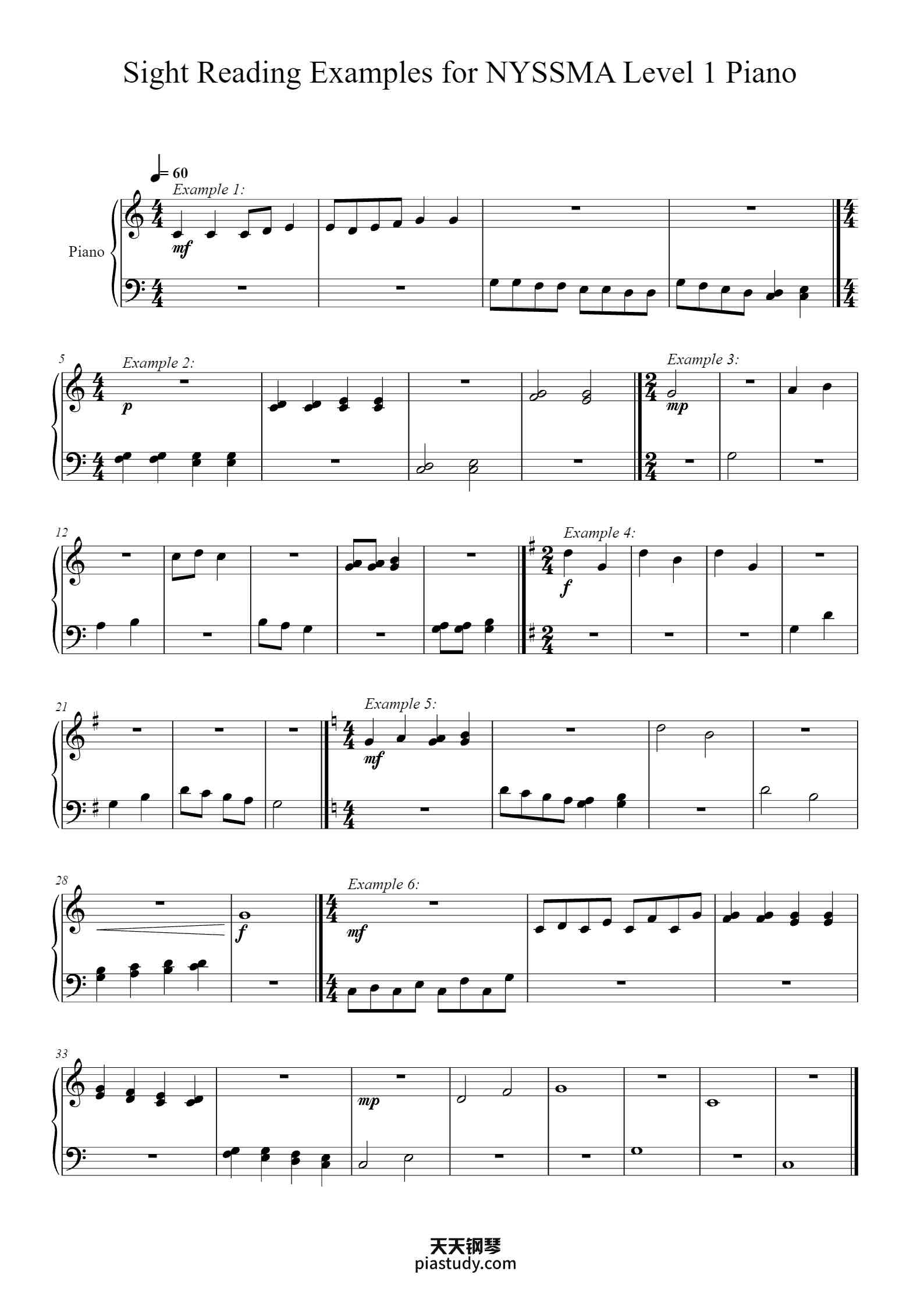 'Sight Reading Examples for NYSSMA Level 1 Piano' - Piano Sheet Music ...