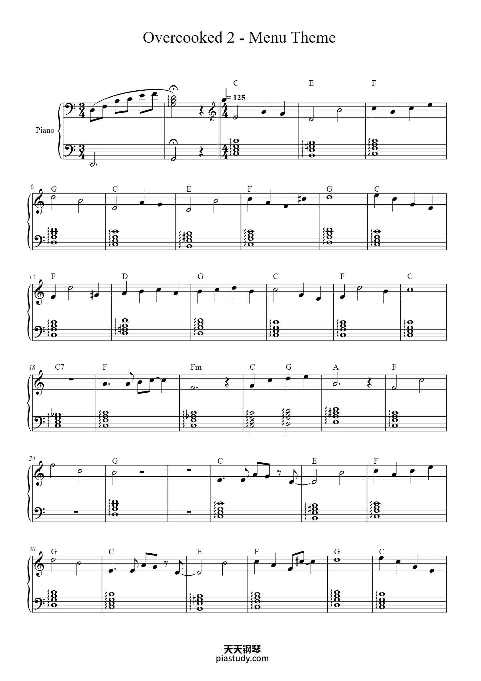 Overcooked 2 - Menu Theme钢琴谱 - Team 17 - free piano sheet music ...