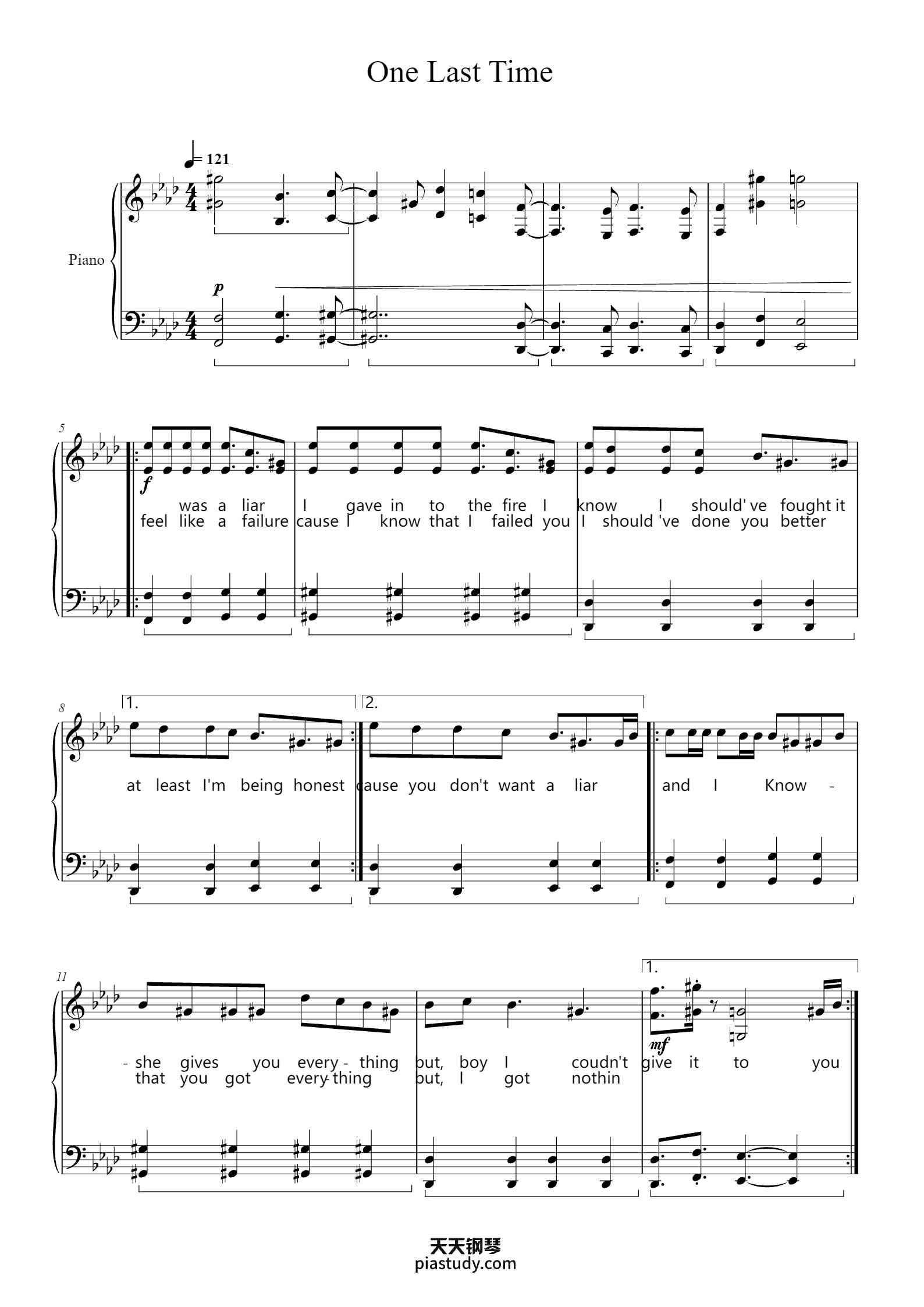 'One Last Time' - Piano Sheet Music By xxx | TOPiano