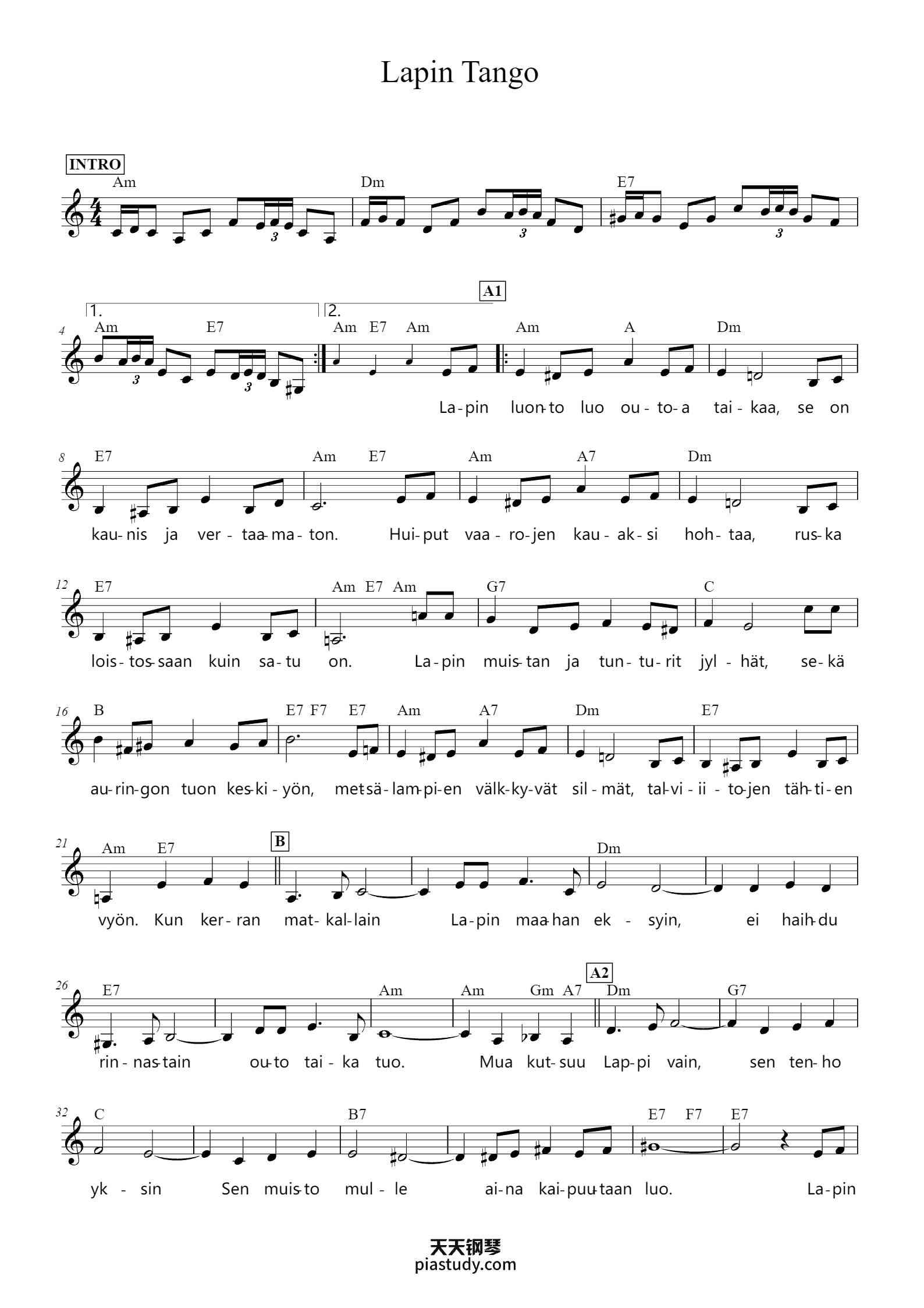 Lapin Tango钢琴谱 - Unto Mononen - free piano sheet music - PiaNoproblem