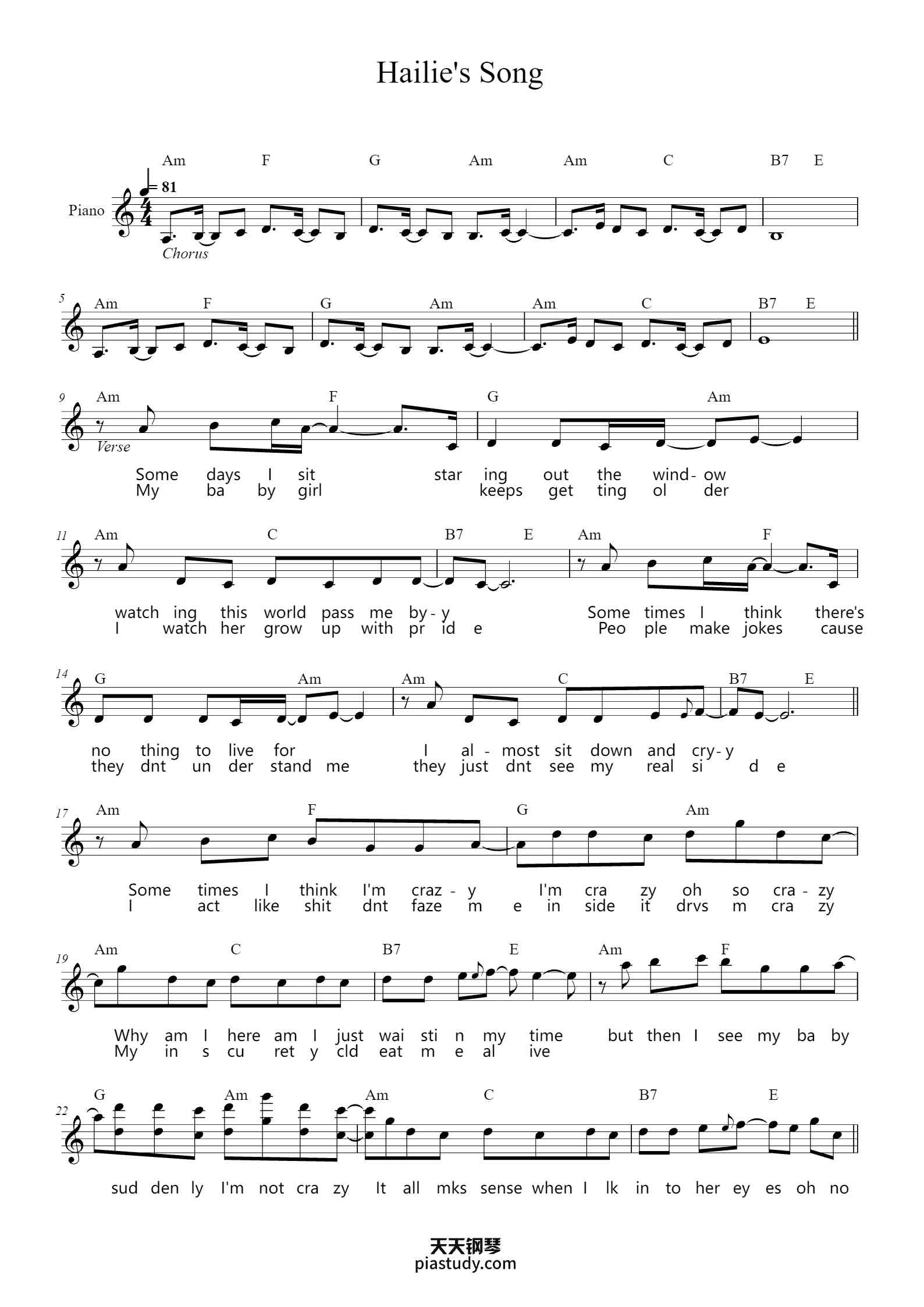 Hailie's Song钢琴谱 - Eminem - free piano sheet music - PiaNoproblem