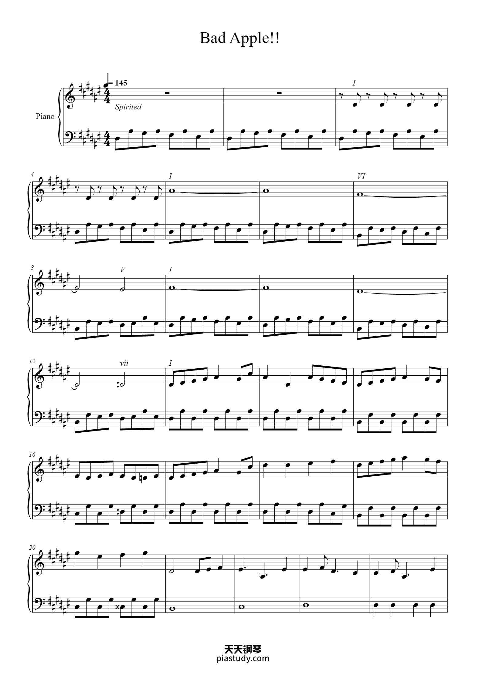 Bad Apple!!钢琴谱 - ZUN - free piano sheet music - PiaNoproblem