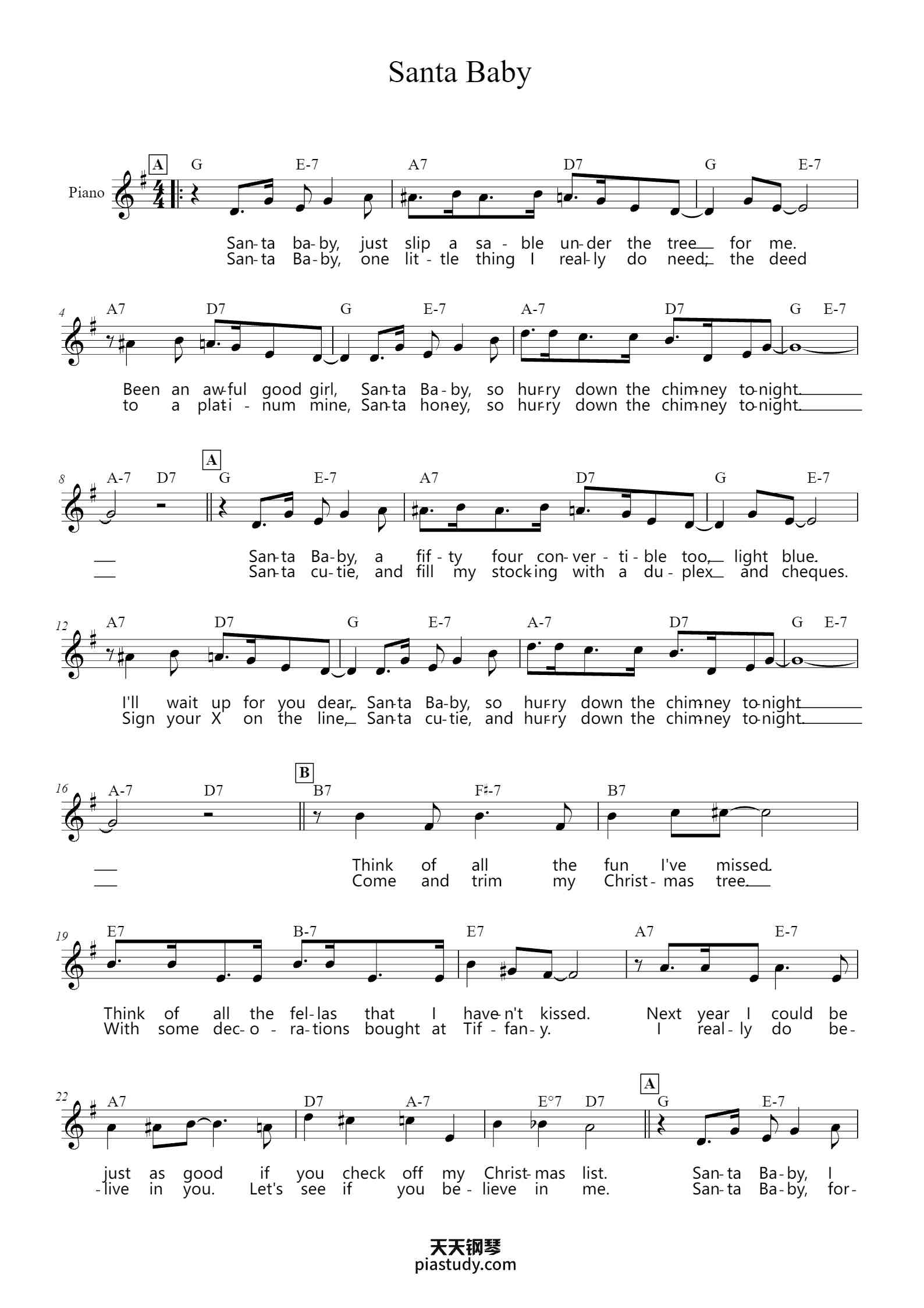 'Santa Baby' - Piano Sheet Music By Joan Javits and Philip Springer ...