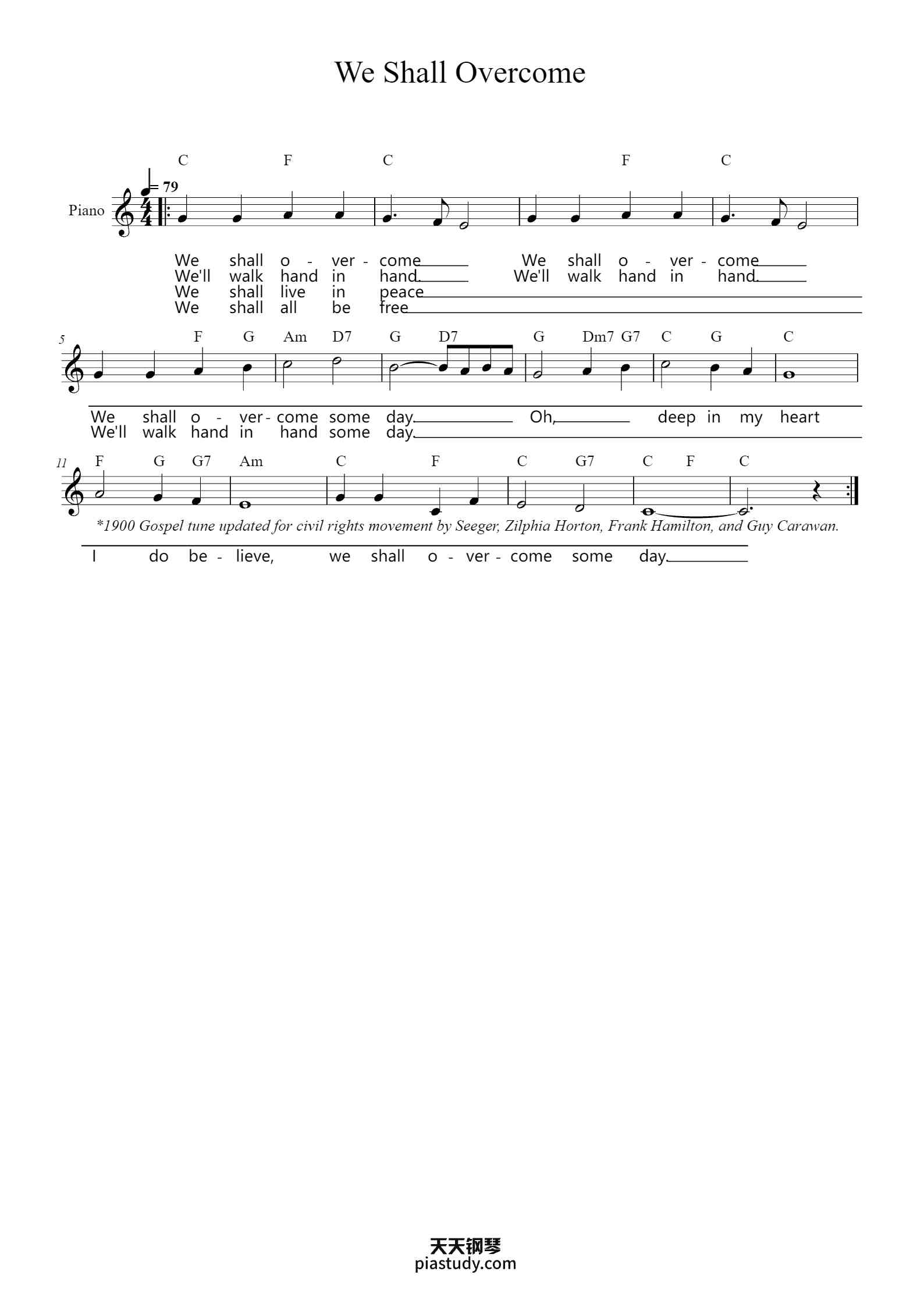 'We Shall Overcome' - Piano Sheet Music By Peter Seeger* | TOPiano