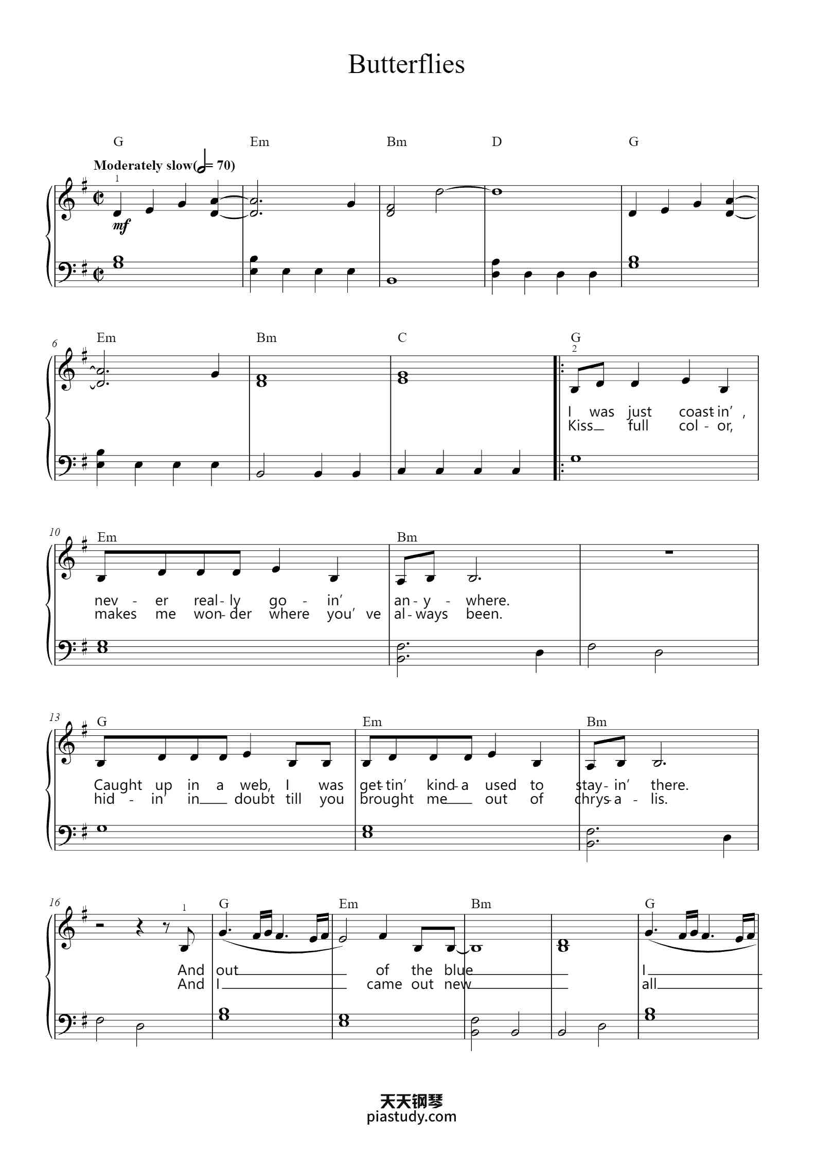'Butterflies' - Piano Sheet Music By Words and Music by KACEY MUSGRAVES ...
