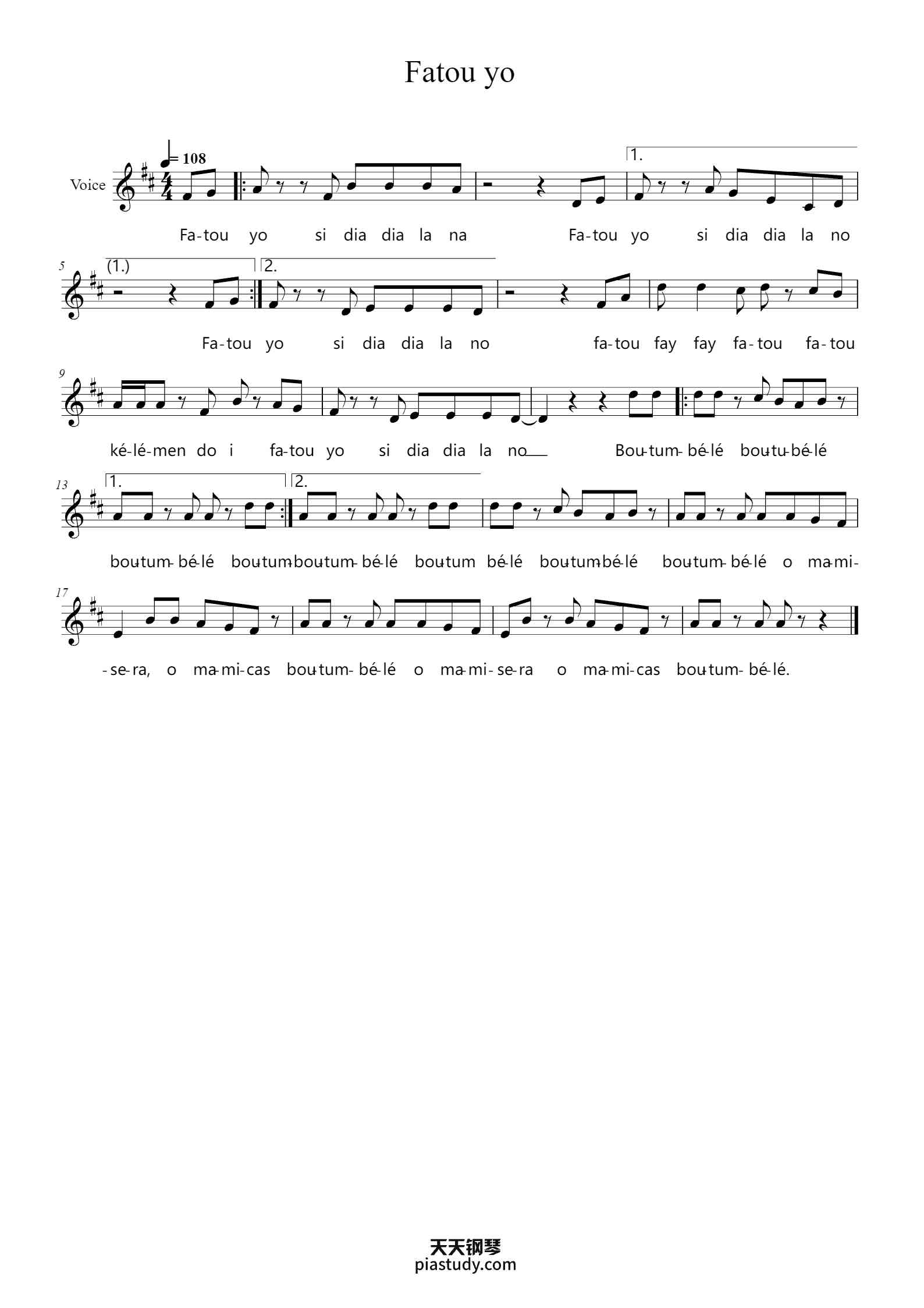 'Fatou yo' - Piano Sheet Music By Traditional | TOPiano