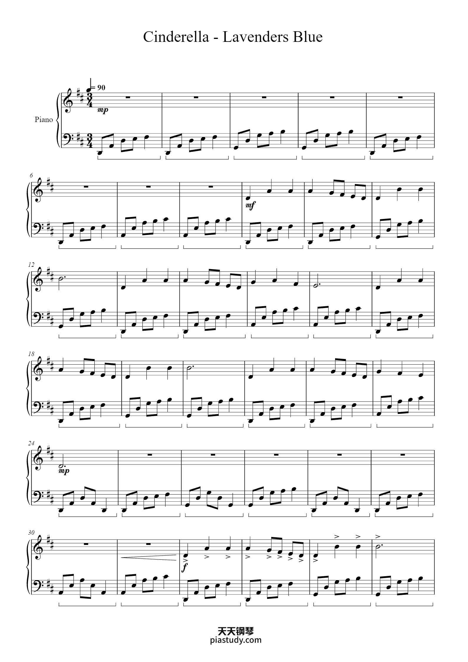 Cinderella - Lavenders Blue钢琴谱 - Misc Soundtrack - free piano sheet ...