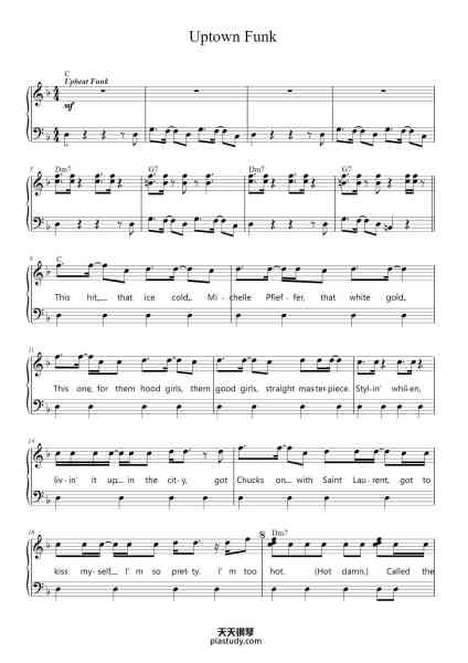 'Uptown Funk' - Piano Sheet Music By Words and Music by Mark Ronson ...