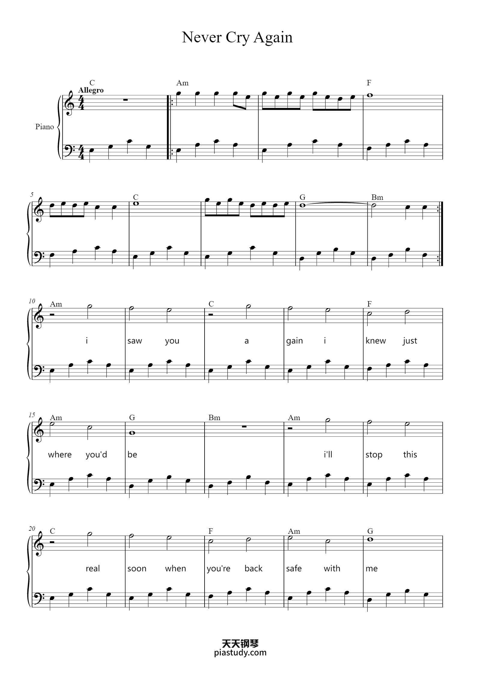 Never Cry Again钢琴谱 - Dash Berlin - free piano sheet music - PiaNoproblem