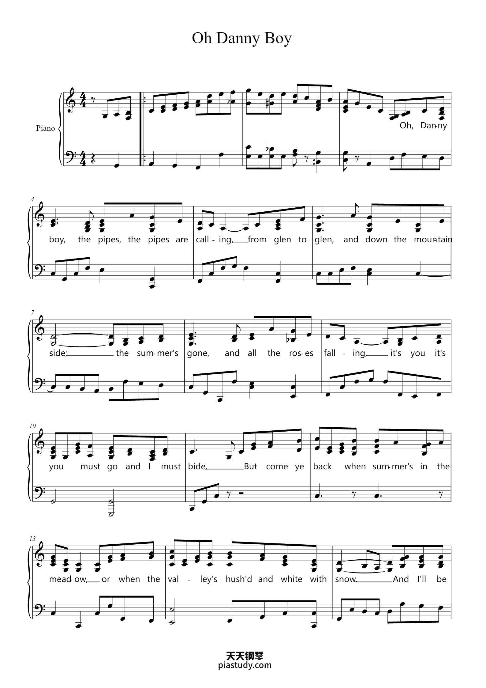'Oh Danny Boy' - Piano Sheet Music By Arranged by Aly Stalnaker | TOPiano