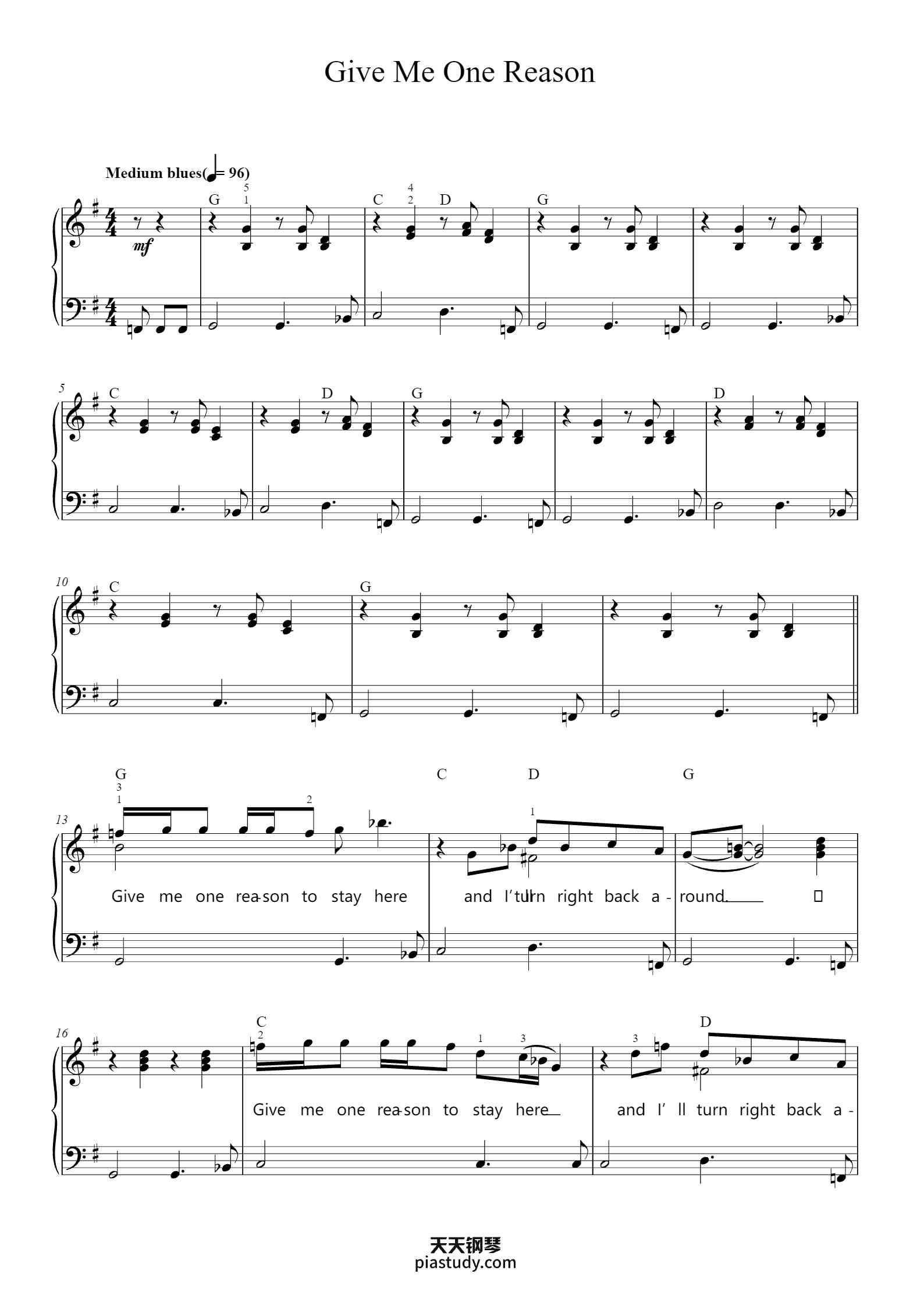 'Give Me One Reason' - Piano Sheet Music By Words and Music by TRACY ...