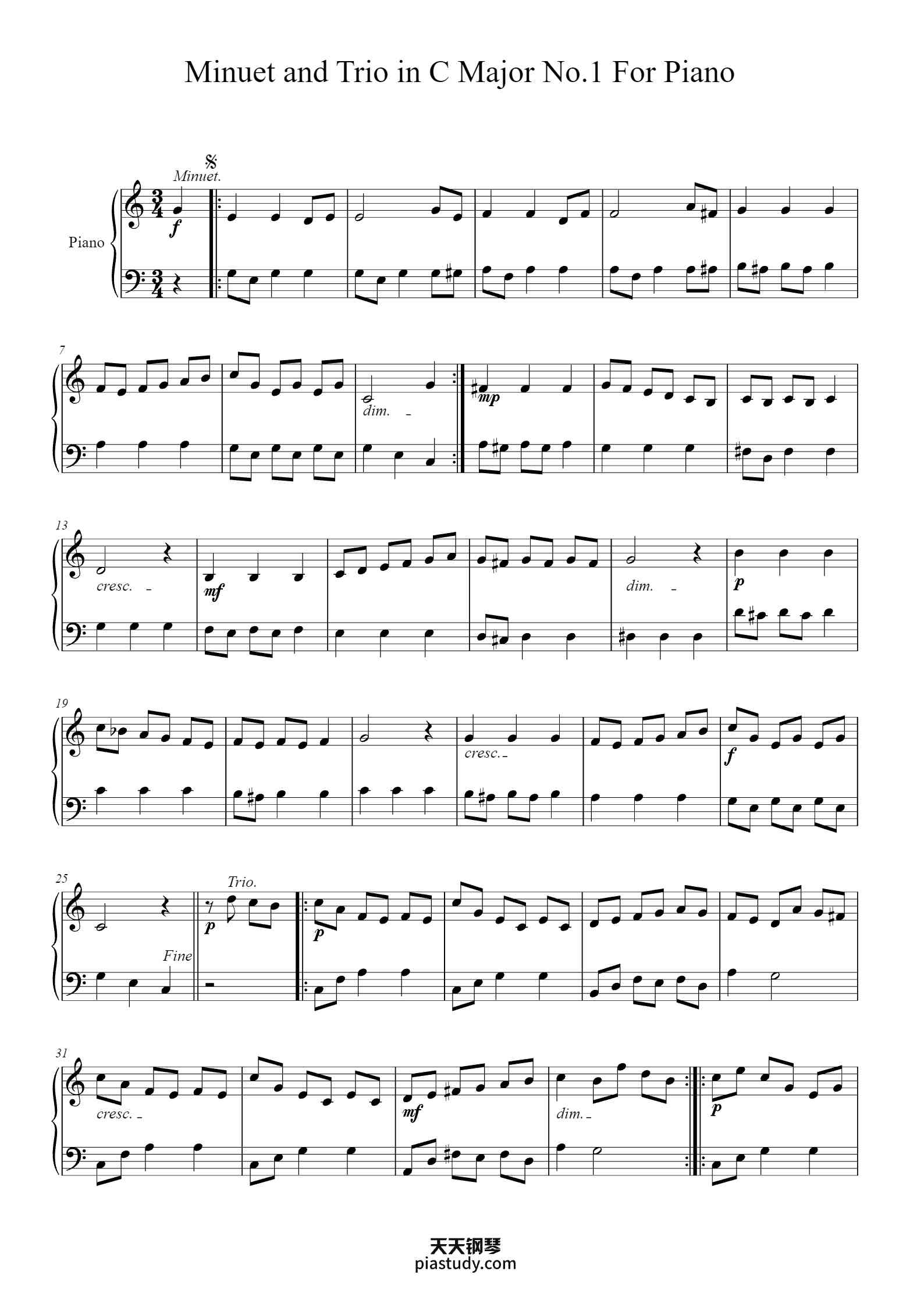 Minuet and Trio in C Major No.1 For Piano钢琴谱 - Victor Li - free piano ...