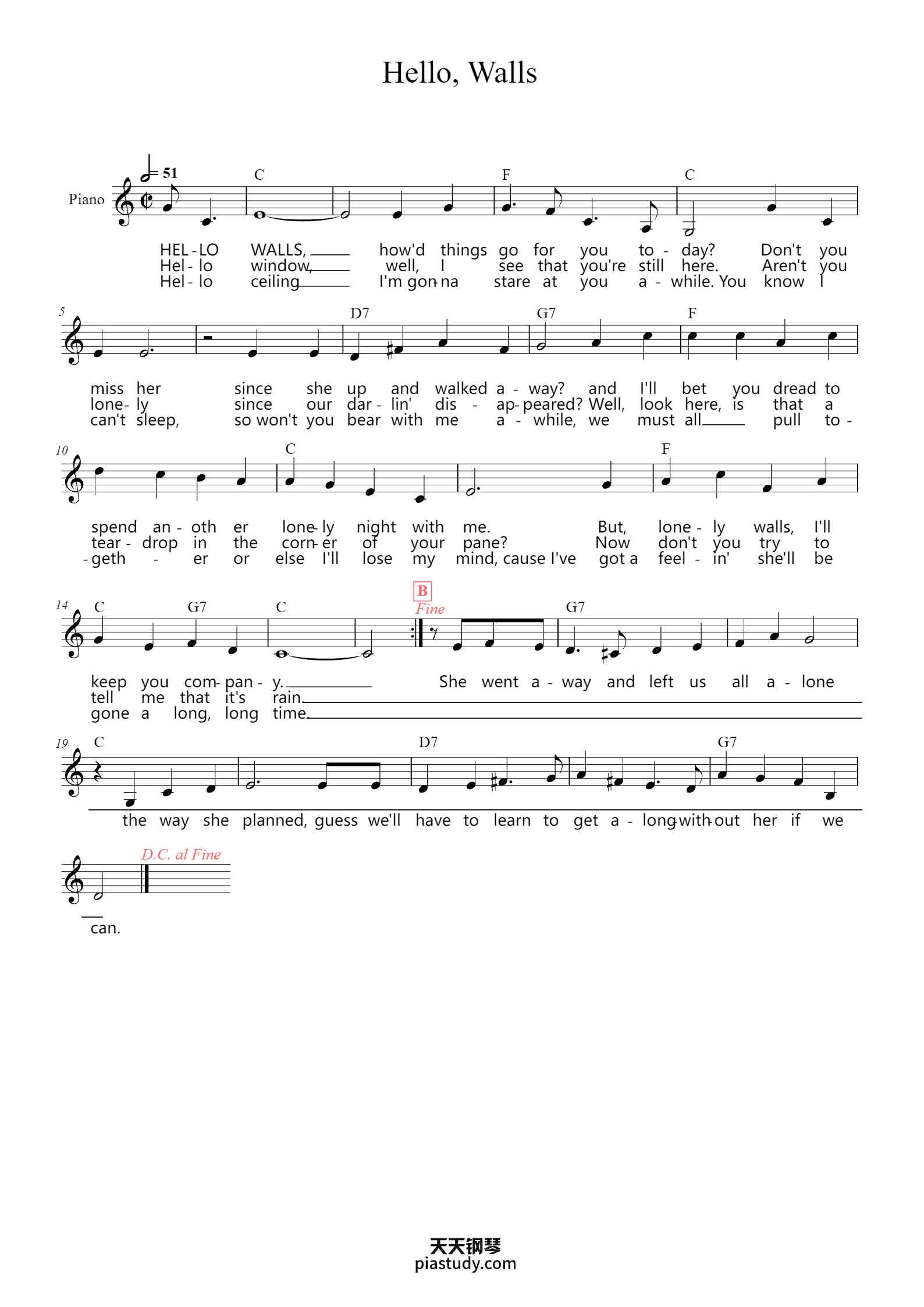 Hello Walls钢琴谱 - Willie Nelson - free piano sheet music - PiaNoproblem