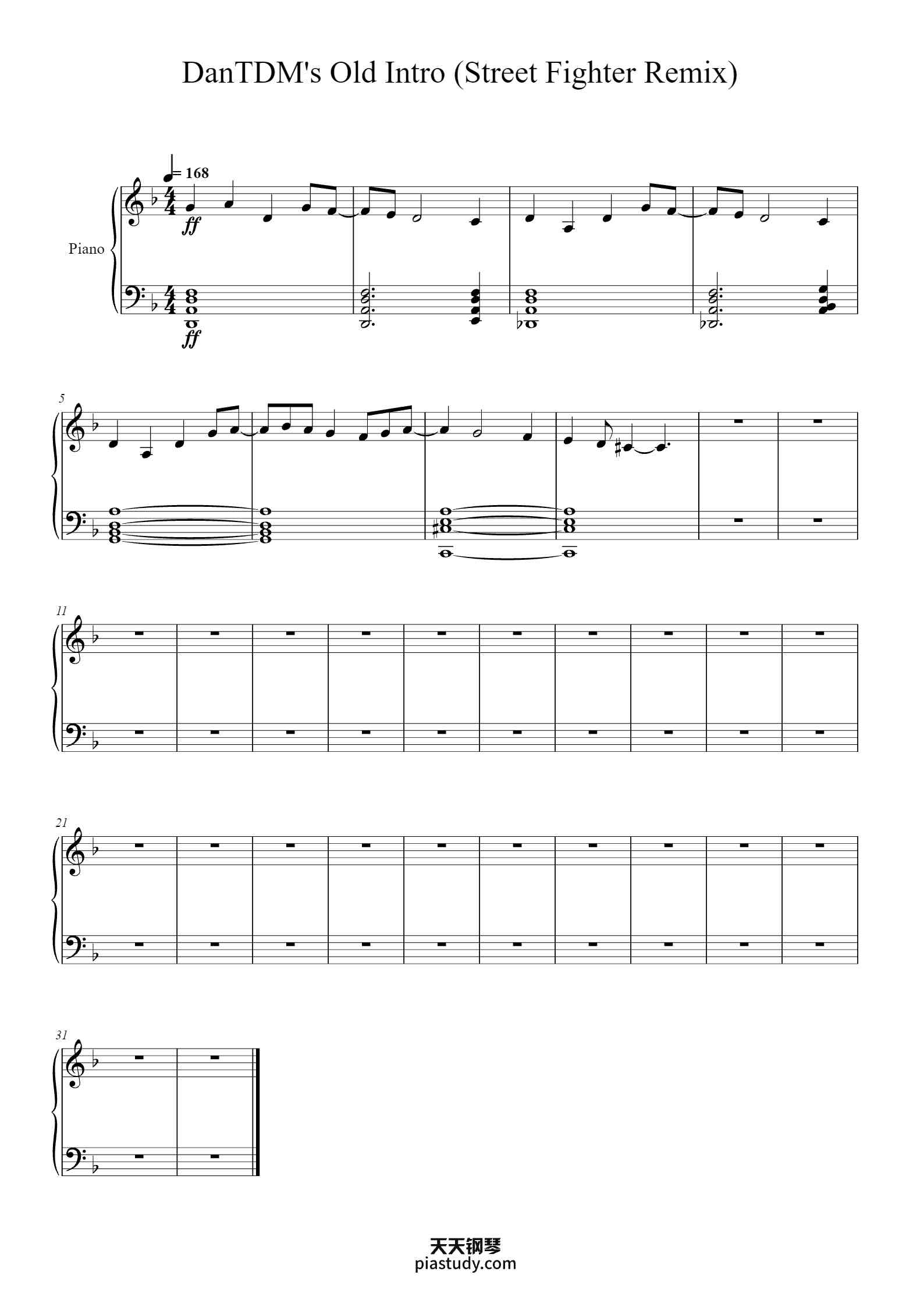 'DanTDM's Old Intro (Street Fighter Remix) Piano Version' - Piano Sheet ...