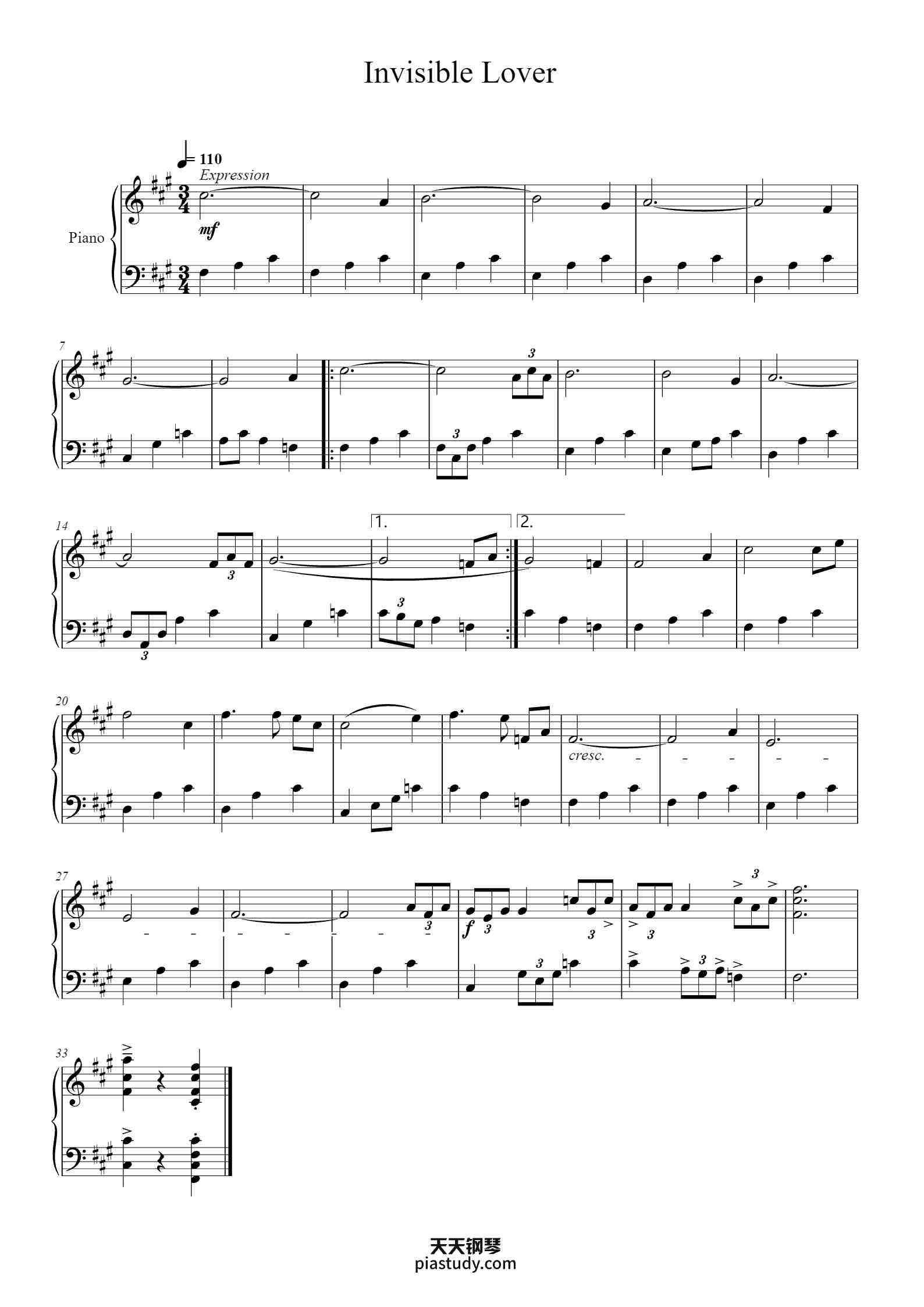 Invisible Lover钢琴谱 - S. Stiers - free piano sheet music - PiaNoproblem