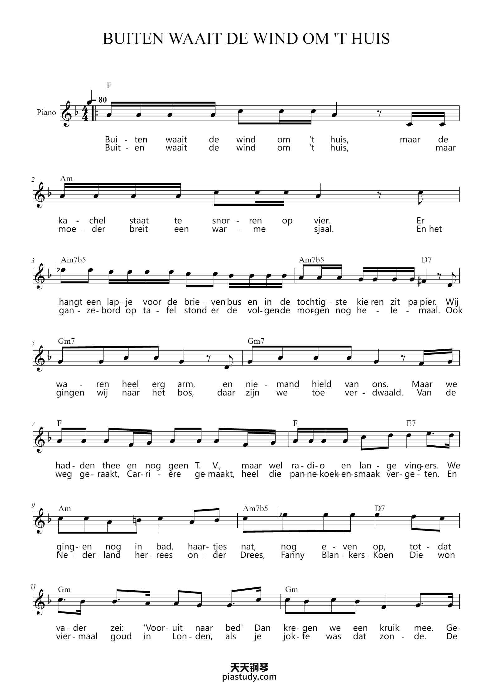'BUITEN WAAIT DE WIND OM 'T HUIS' - Piano Sheet Music By xxx | TOPiano