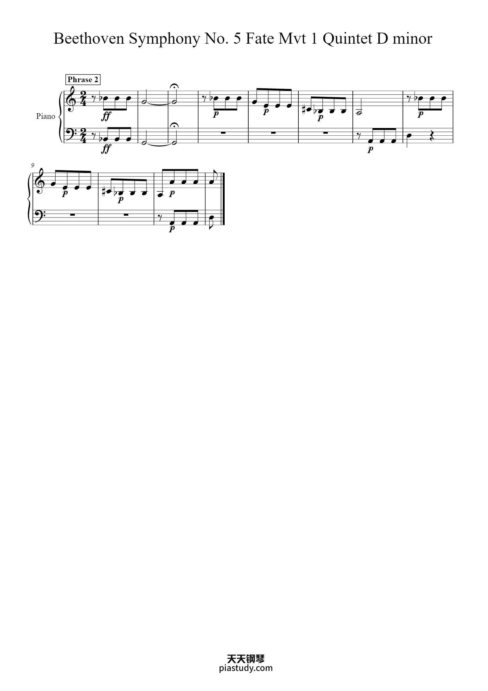 'Beethoven Symphony No. 5 Fate Mvt 1 Quintet D minor' - Beginner Piano ...