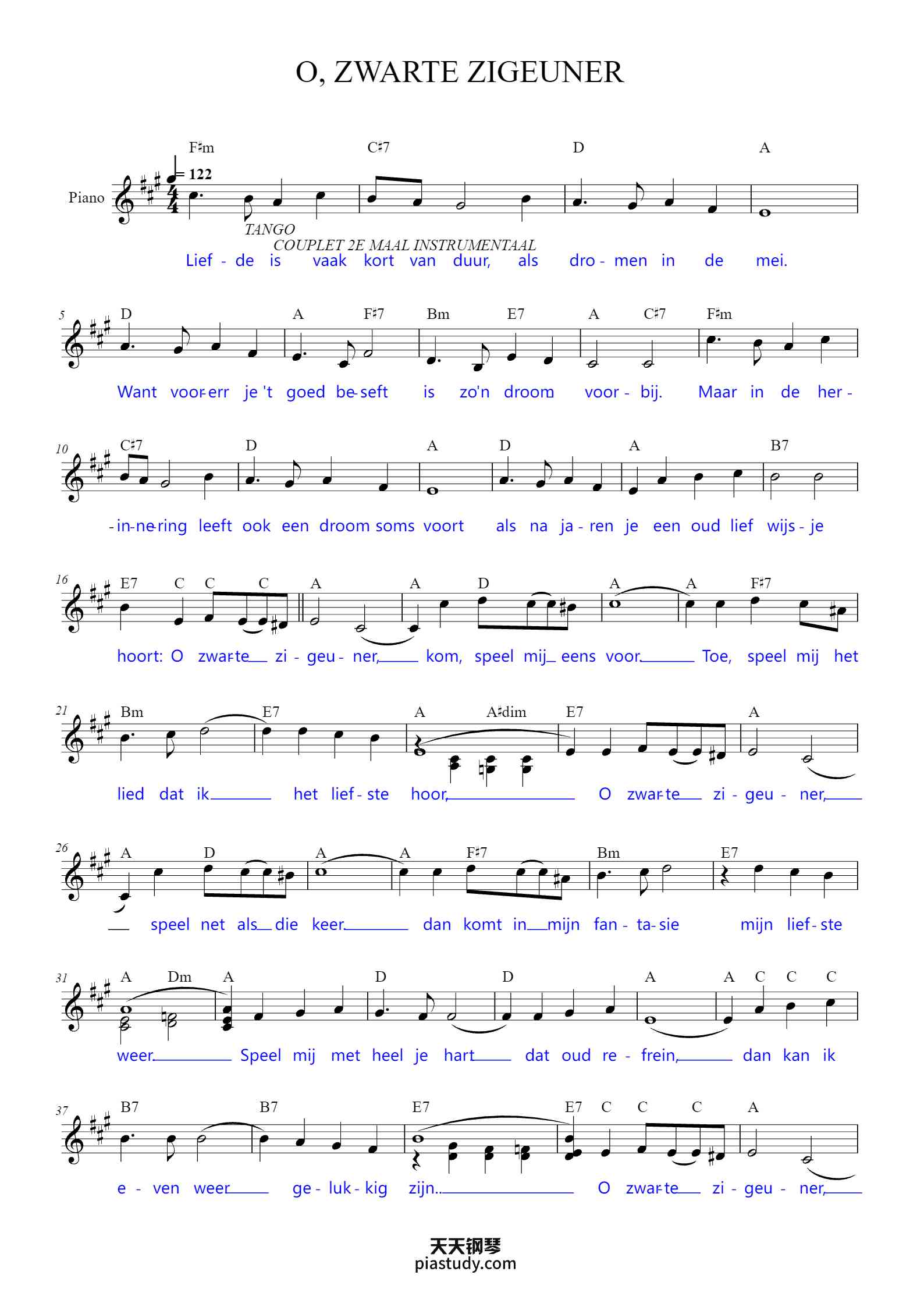 O, ZWARTE ZIGEUNER钢琴谱 - Hvbuul - free piano sheet music - PiaNoproblem