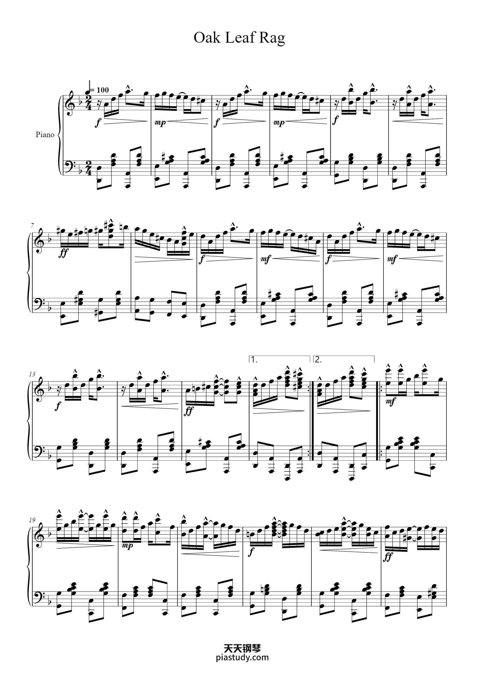 Oak Leaf Rag钢琴谱 - Stilkim - free piano sheet music - PiaNoproblem
